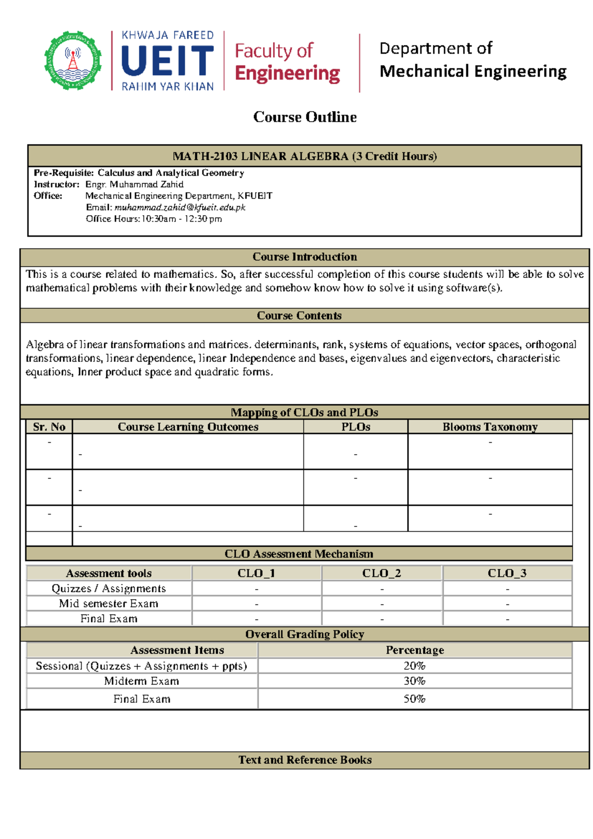 MATH-2103 Linear Algebra Course Outline and Assessment Details - Studocu