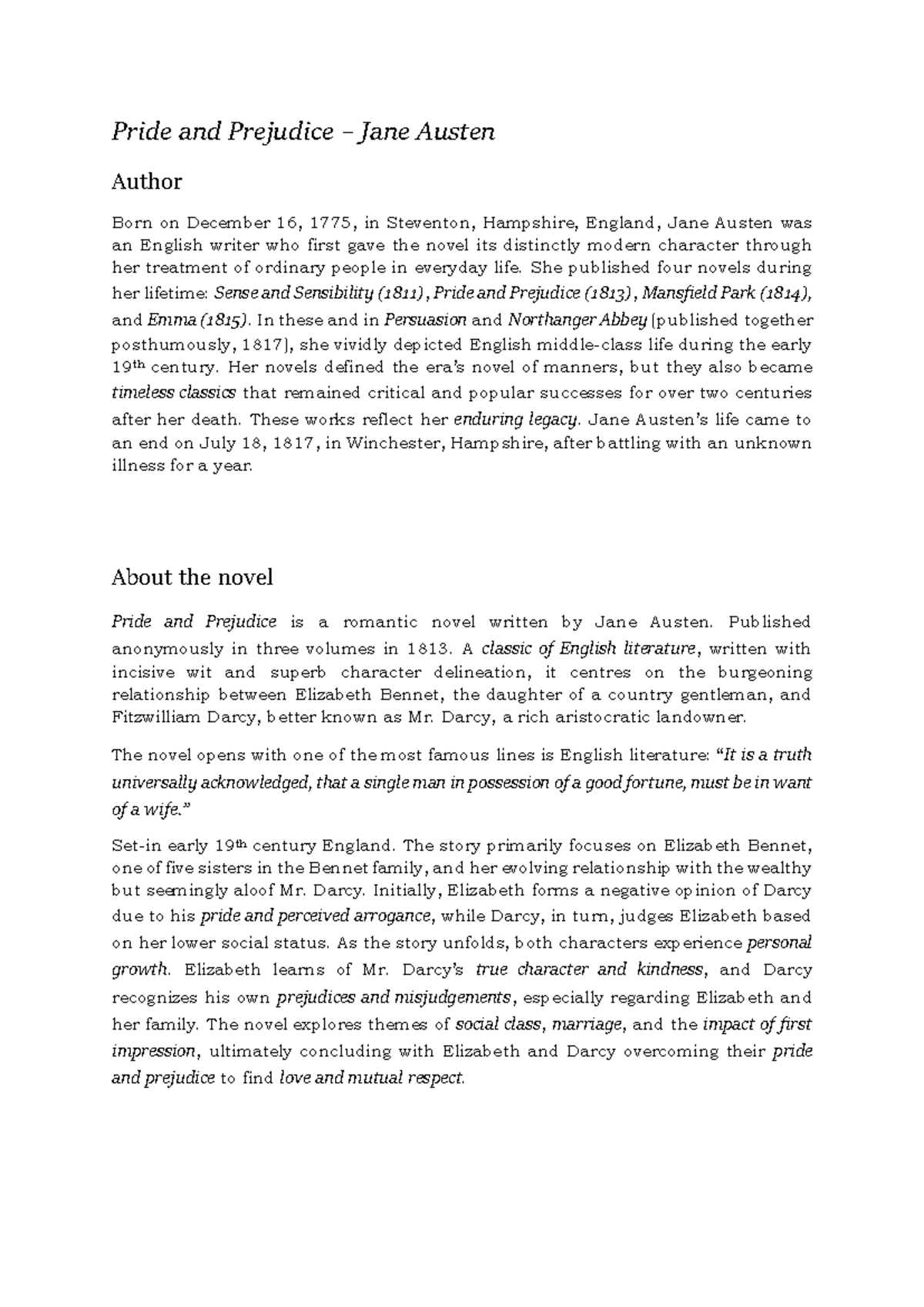 Pride and Prejudice (ENG 101) - Analysis and Reflections on Key Themes ...