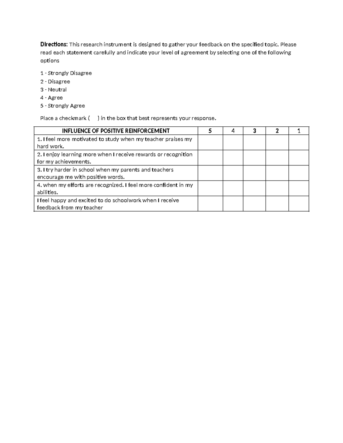 Influence of Positive Reinforcement: Student Feedback Survey - Studocu