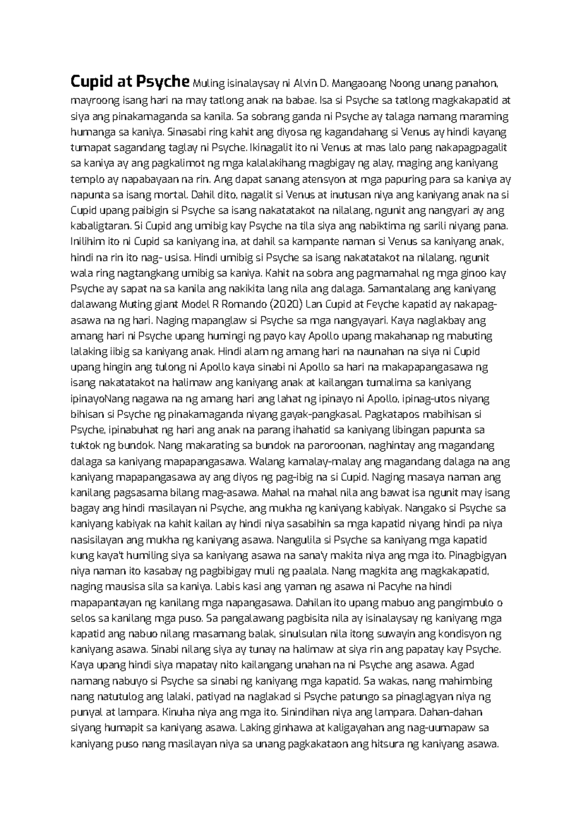 Cupid at Psyche: Kuwento ng Pag-ibig at Pagsubok ni Alvin D. - Studocu