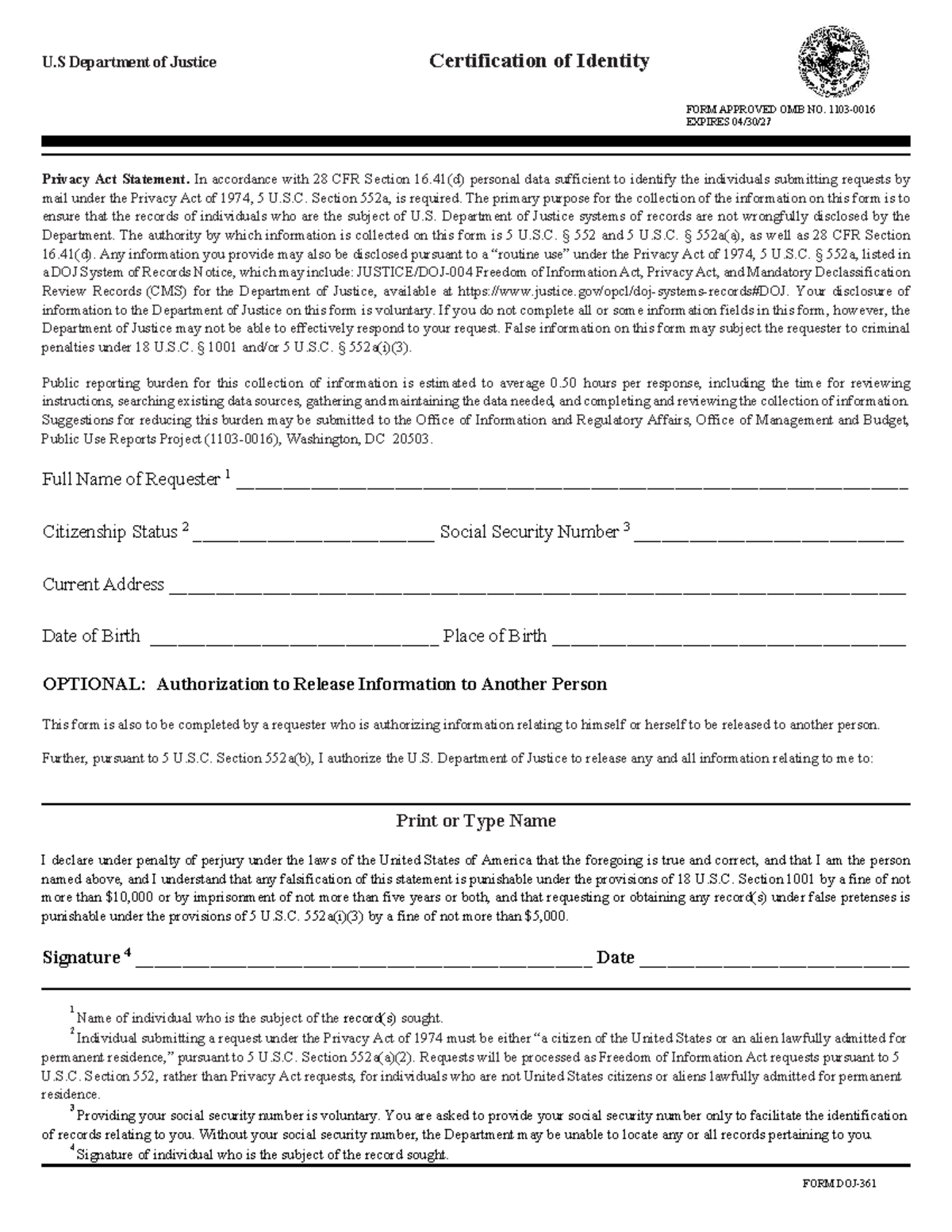 Certification of Identity Form - U.S. DOJ Privacy Act Compliance - Studocu