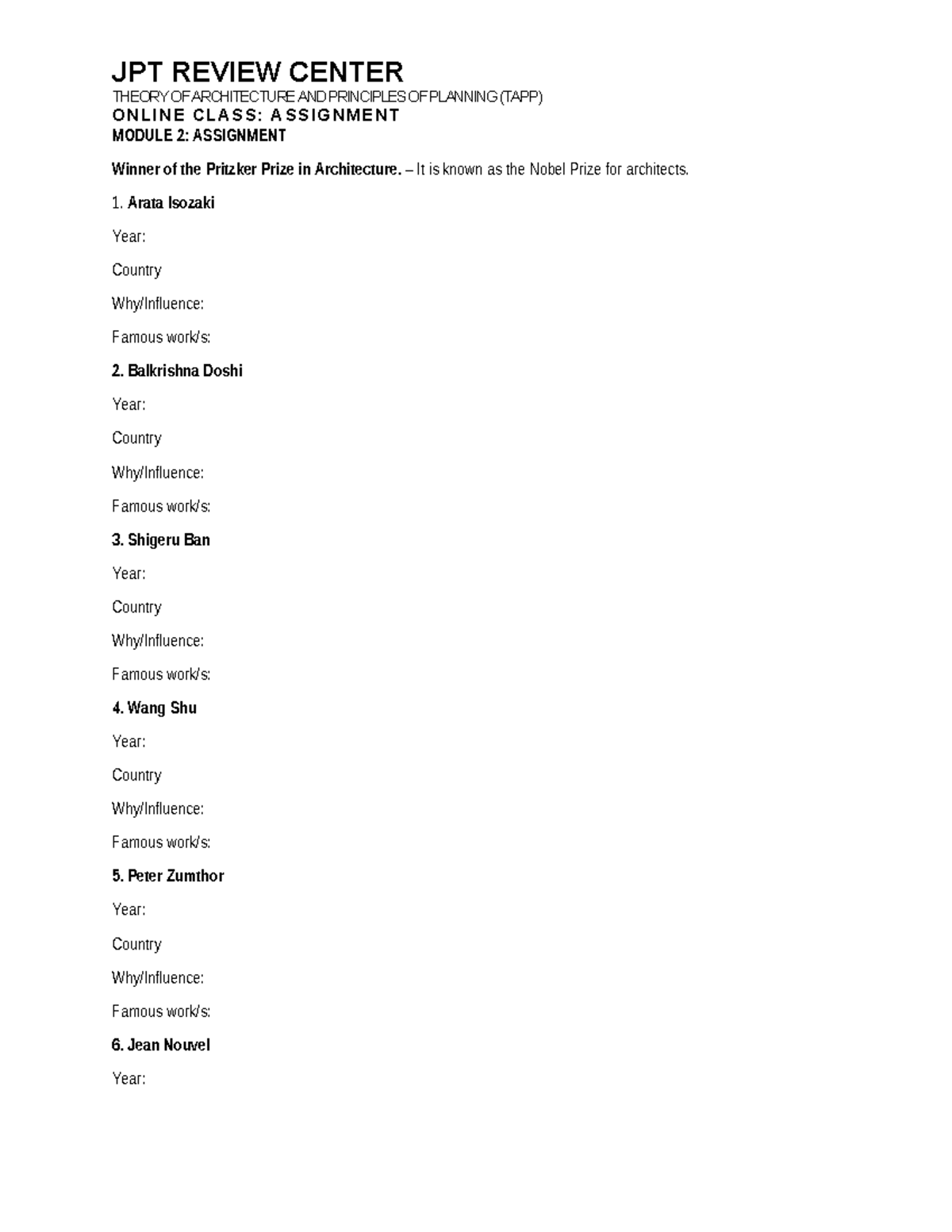 TAPP Online Class: Assignment 2 on Pritzker Prize Winners - Studocu