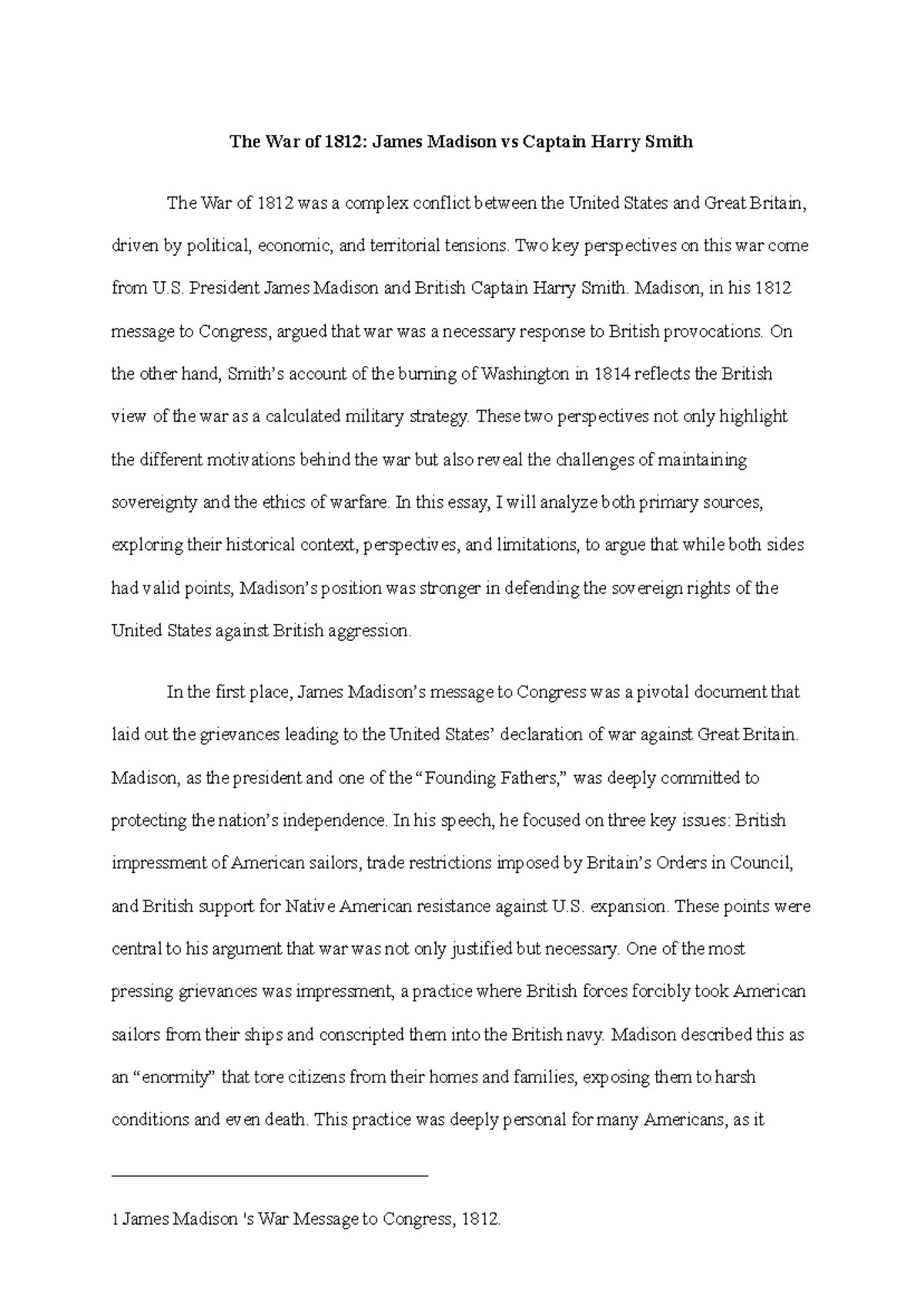 The War of 1812: Analyzing Madison's Message vs Smith's Account - Studocu