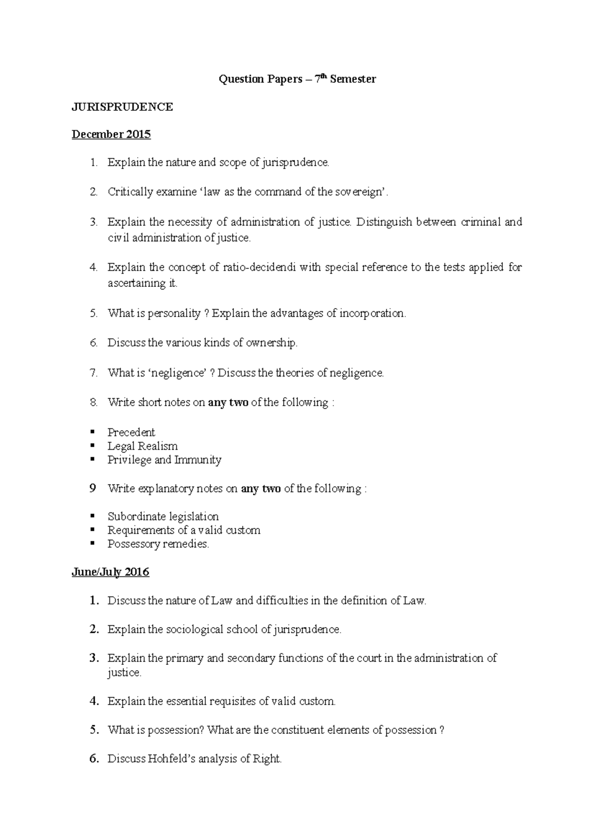 JUR-701: Jurisprudence Question Papers Compilation (2015-2019) - Studocu