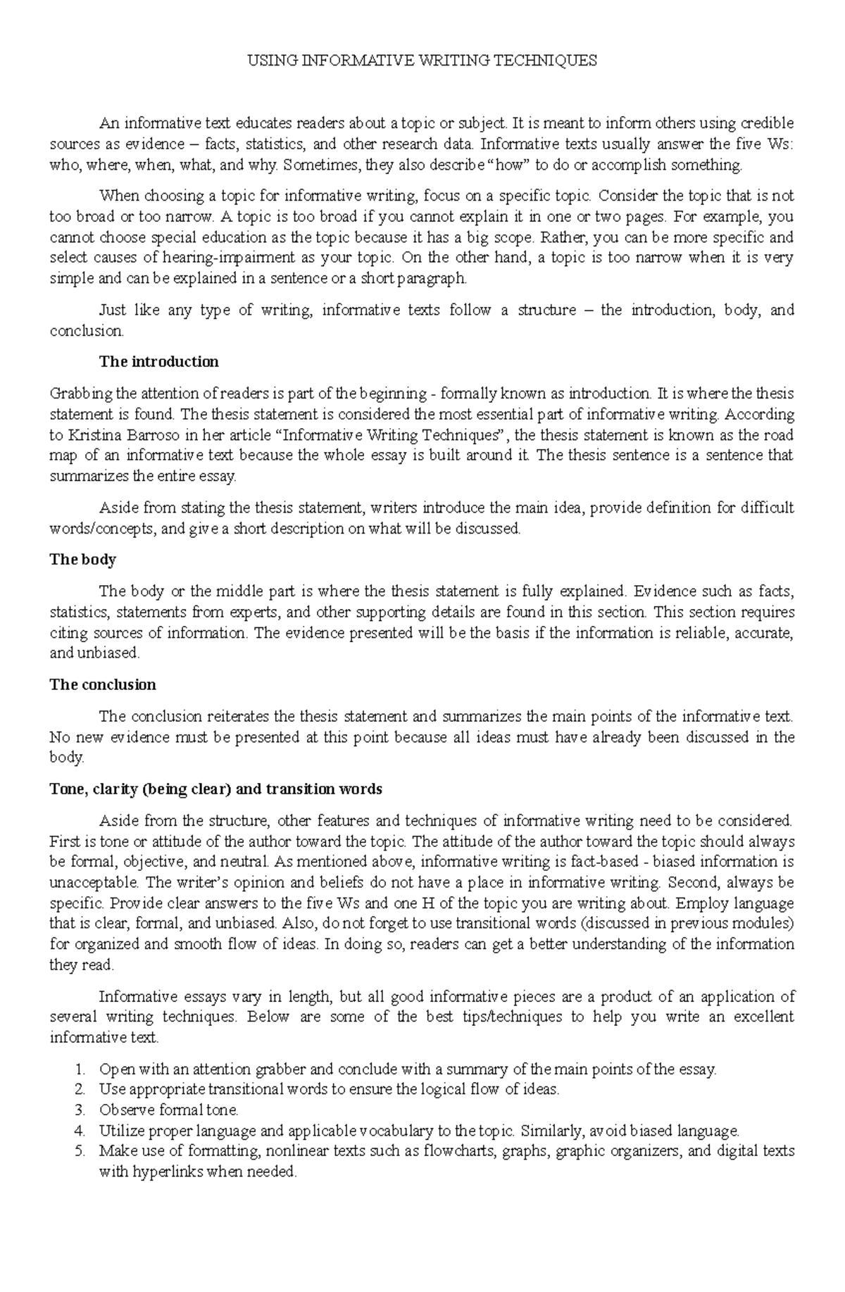 Using Informative Writing Techniques G10 M1Q3 - USING INFORMATIVE ...