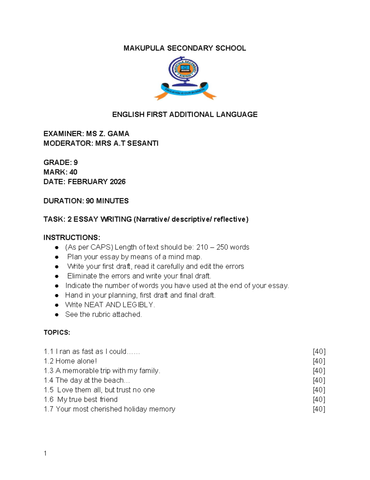 GRD 9 ENGLISH FIRST ADDITIONAL LANGUAGE ESSAY TASK 2 2026 - Studocu