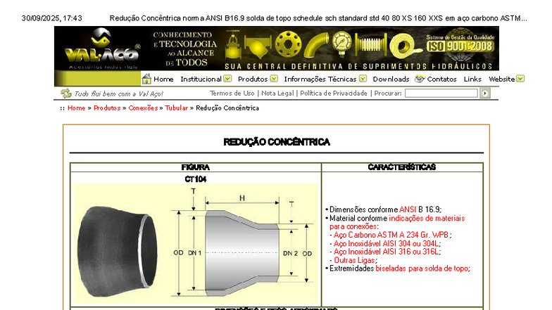 Redução Concêntrica ANSI B16.9: Normas e Especificações em Aço Carbono ...