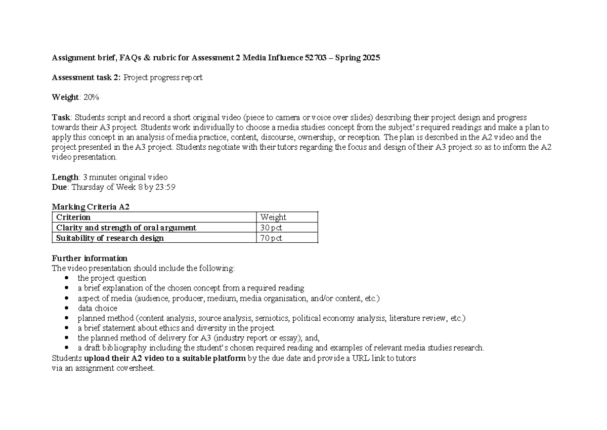 A2 Project Progress Report Guidelines for Media Influence 52703 - Studocu