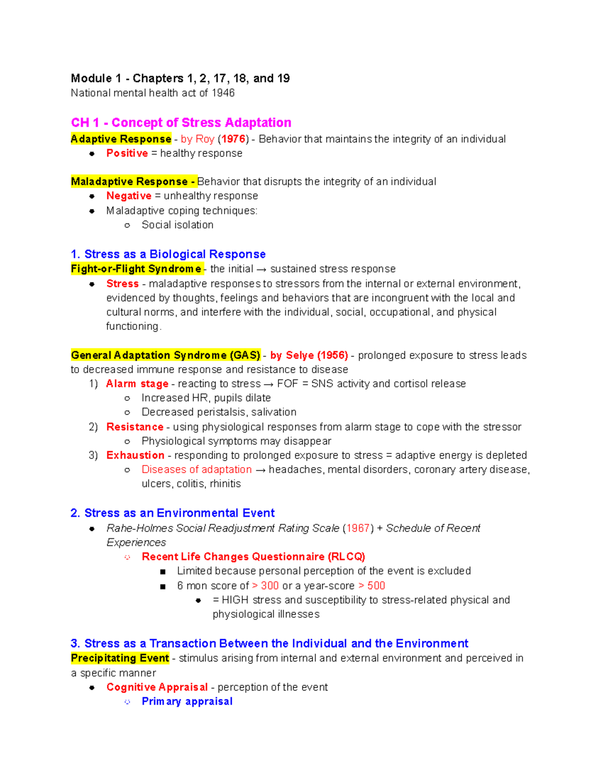 Mental Exam 1 - Module 1 - Chapters 1, 2, 17, 18, and 19 National mental health act of 1946 CH 1 ...