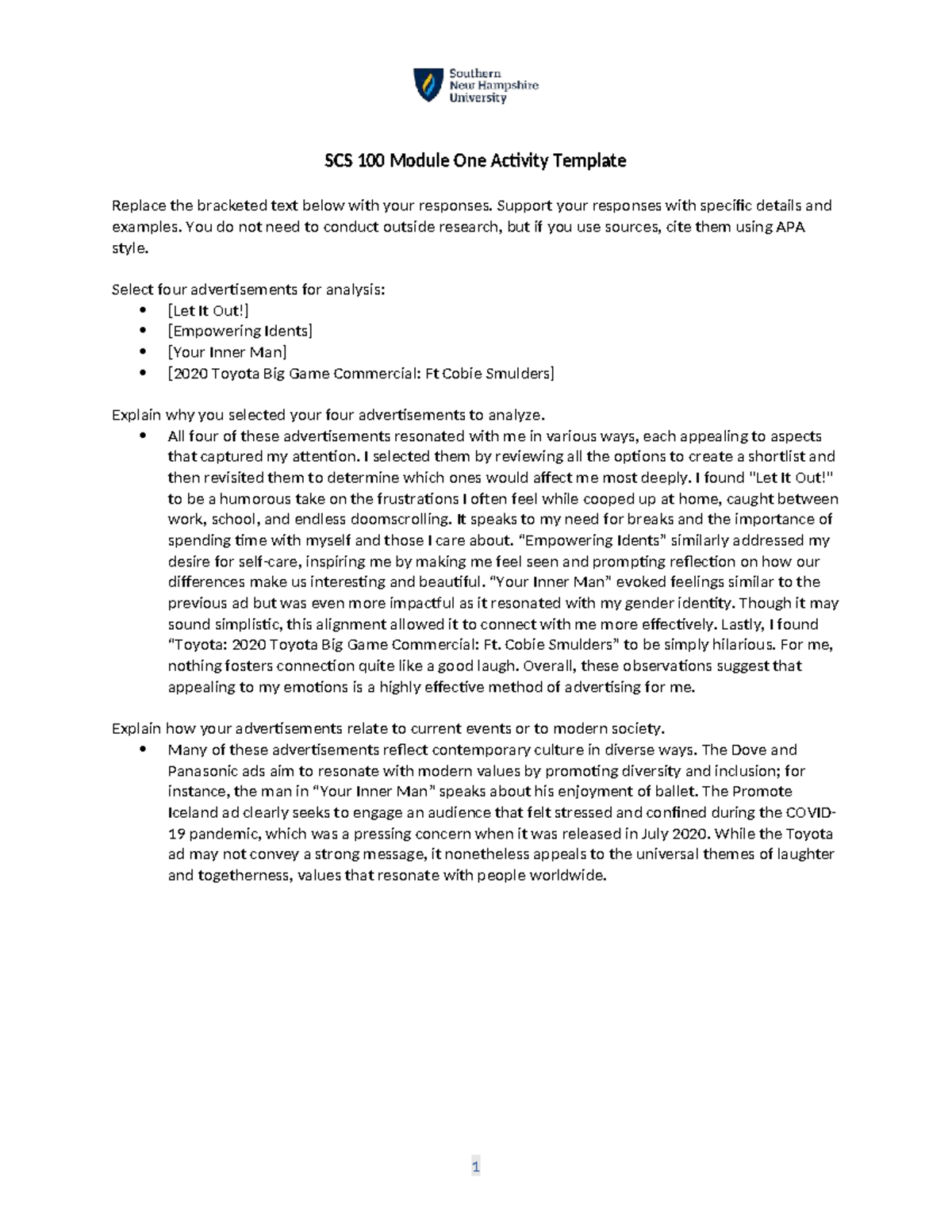 SCS 100 Module One Activity: Analyzing Advertisements and Their Impact ...