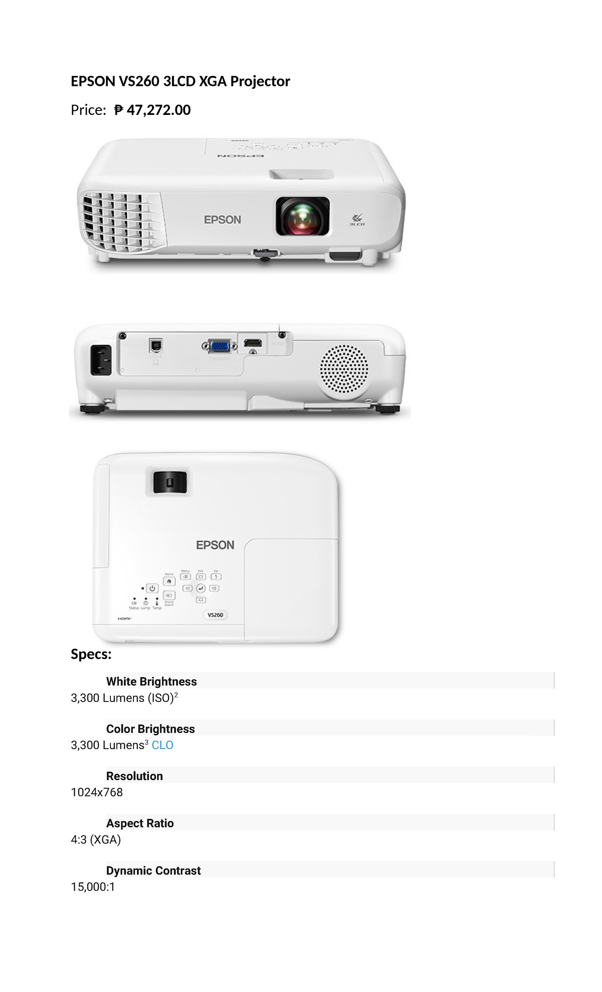 Projector - Crimm - EPSON VS260 3LCD XGA Projector Price: ₱ 47,272 ...