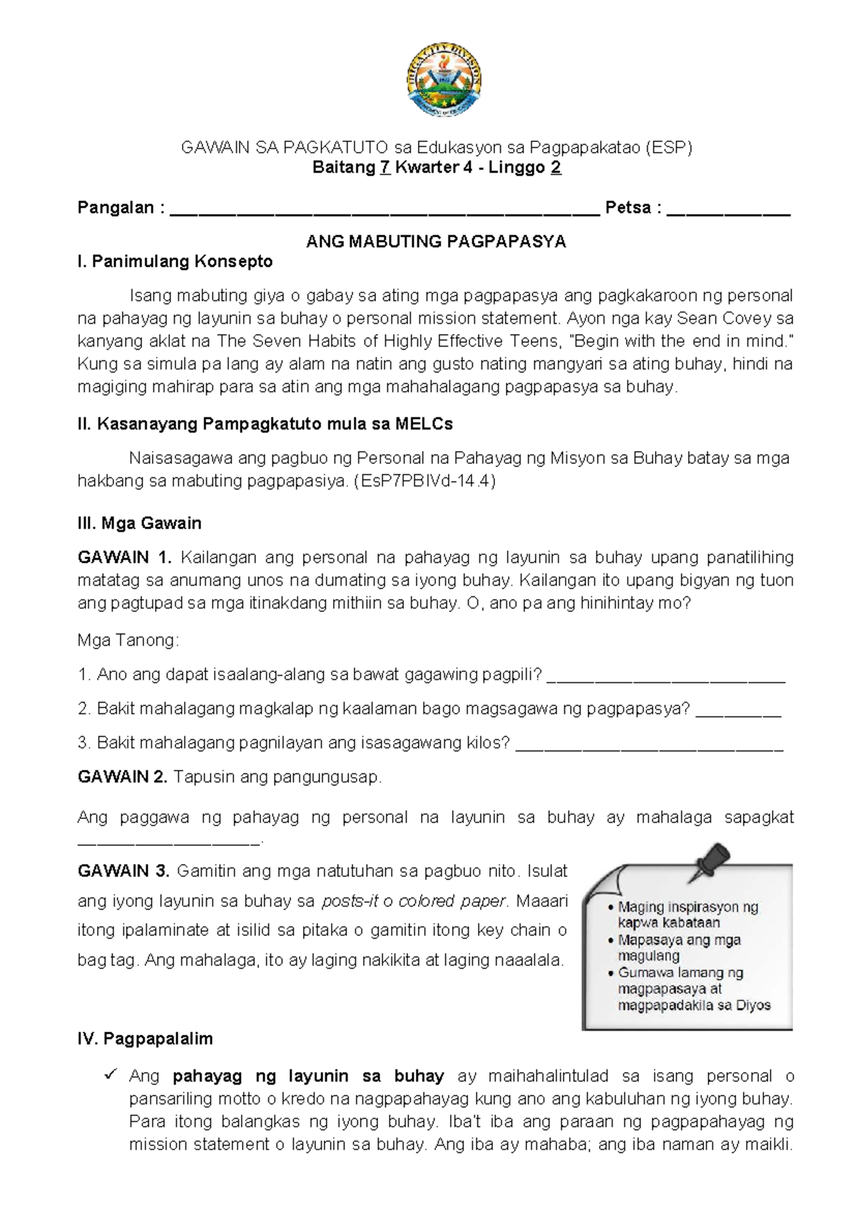 LAS ESP7 Q4 Week 2 - Gawain sa Mabuting Pagpapasya at Personal na ...