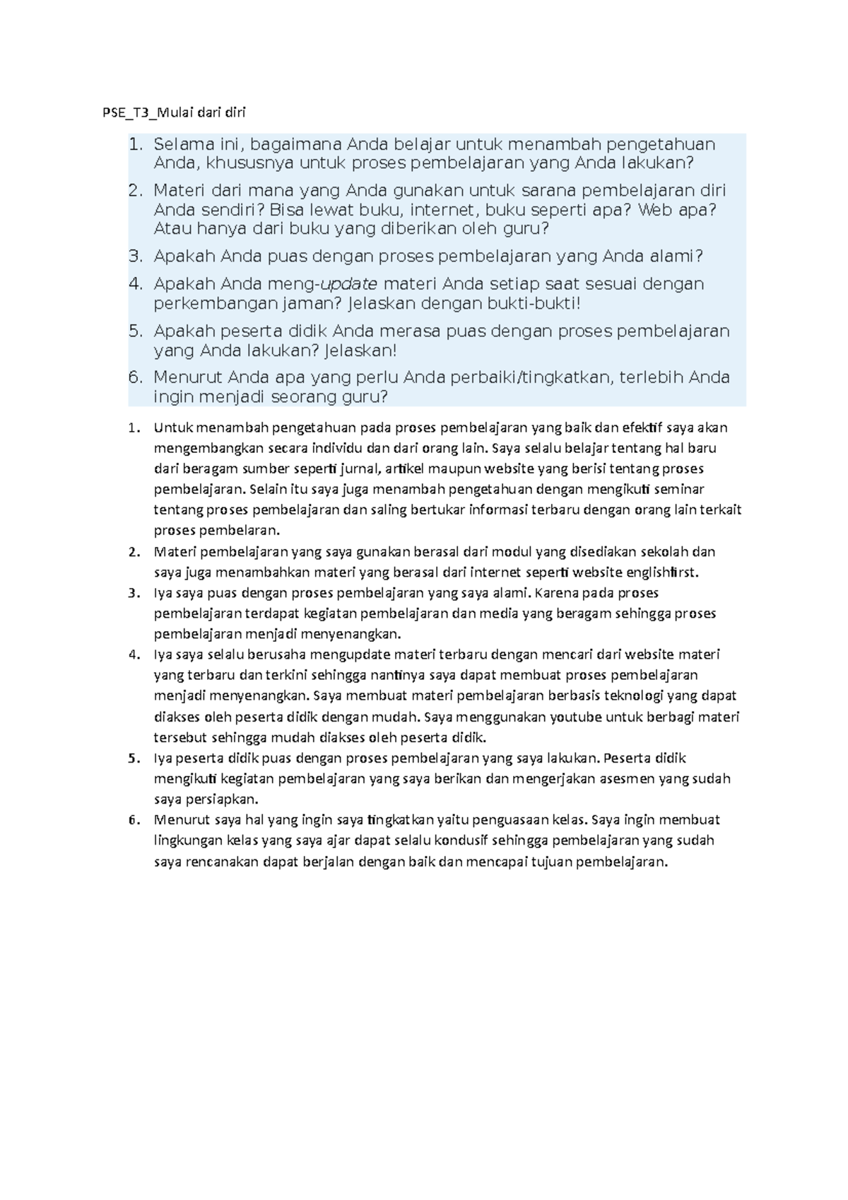 PSE T3 Essay: Refleksi Pembelajaran Diri dan Peningkatan Kualitas Mengajar - Studocu