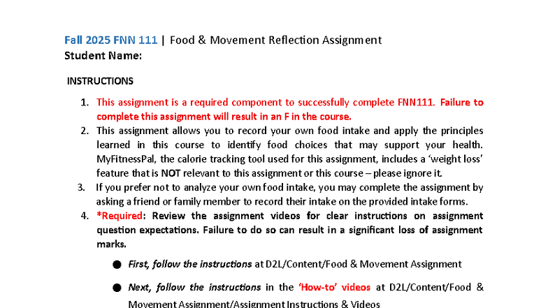 Fall 2025 FNN Food and Movement Reflection Assignment - Studocu