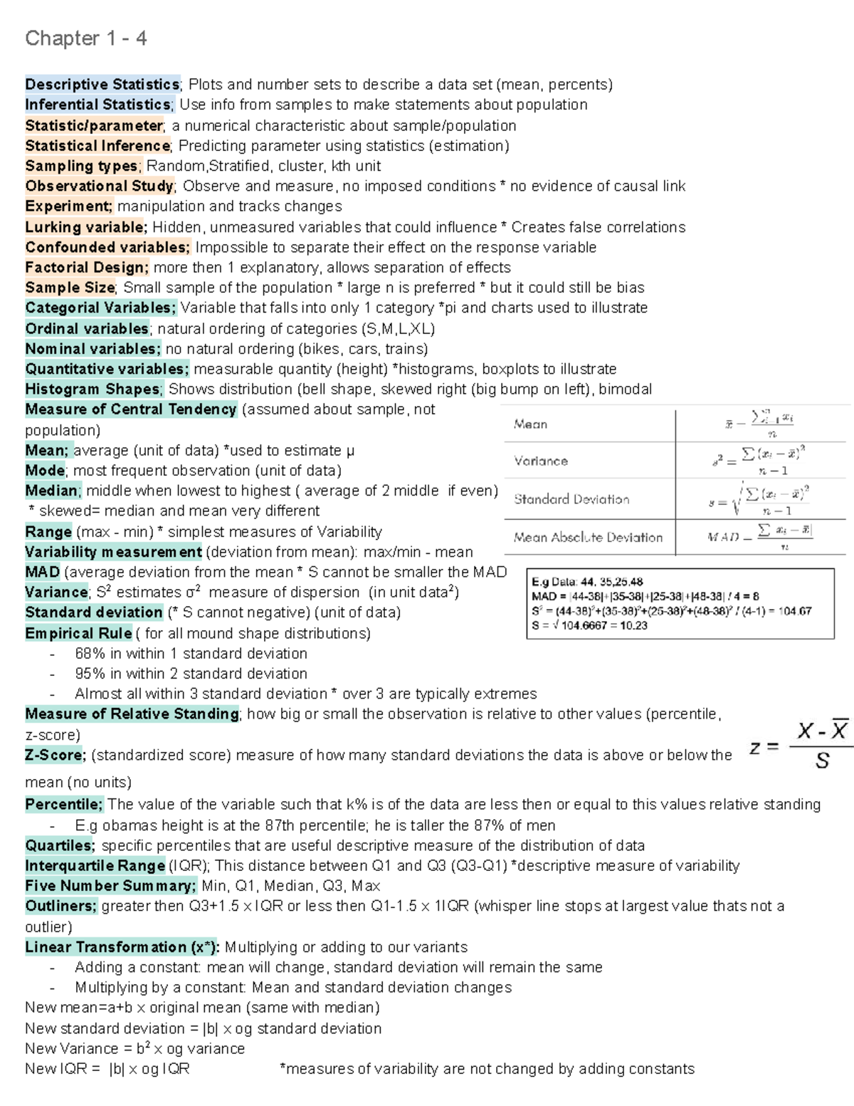 STAT*2040 - Test 2 Cheat Sheet: Descriptive & Inferential Statistics ...