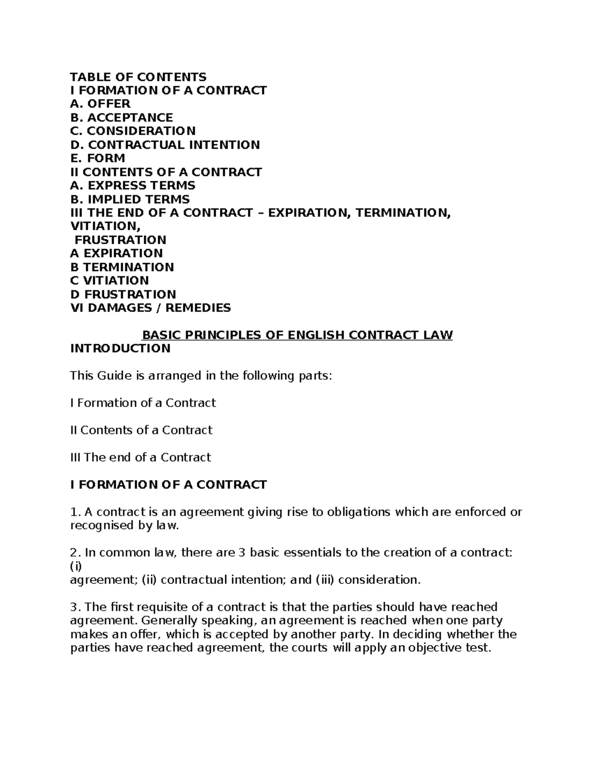 Contract Law Outline Basic - TABLE OF CONTENTS I FORMATION OF A ...