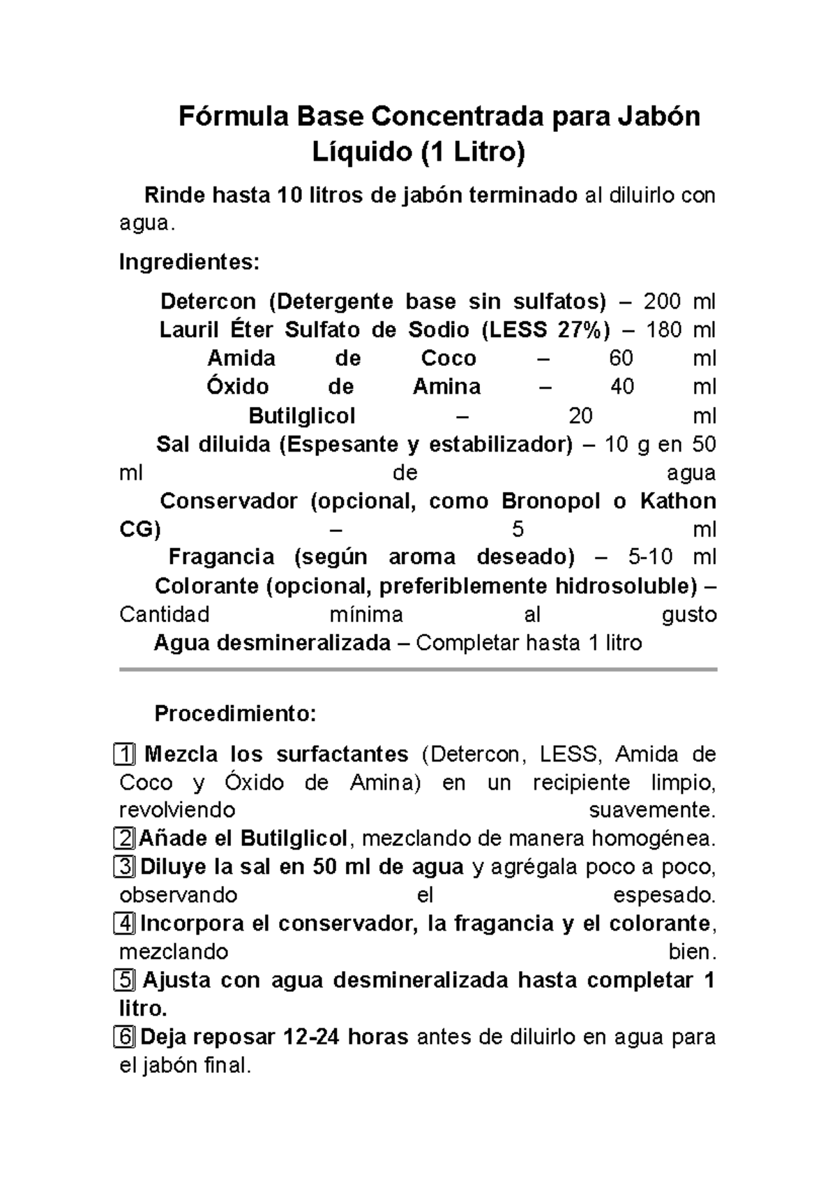 🔹 Fórmulas de Base Concentrada para Jabón Líquido (1L, 5L, 3L) - Studocu