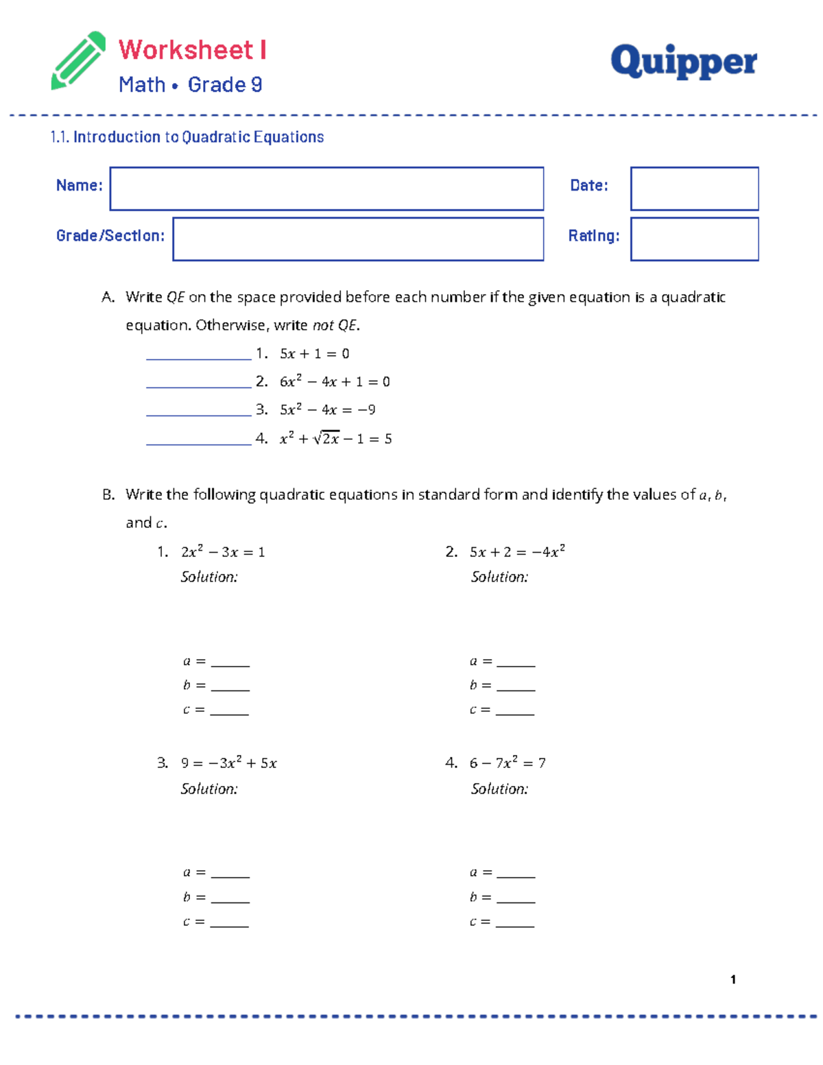 Math 9 Worksheet I: Intro to Quadratic Equations - Studocu