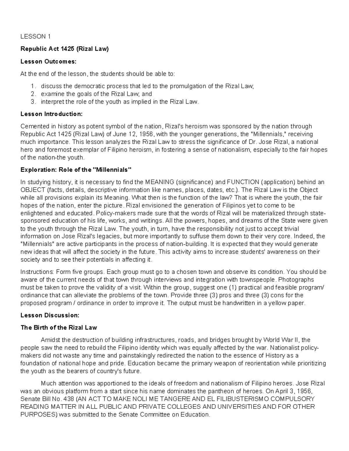 Rizal Law and the Concept of Heroism: Insights and Reflections - Studocu