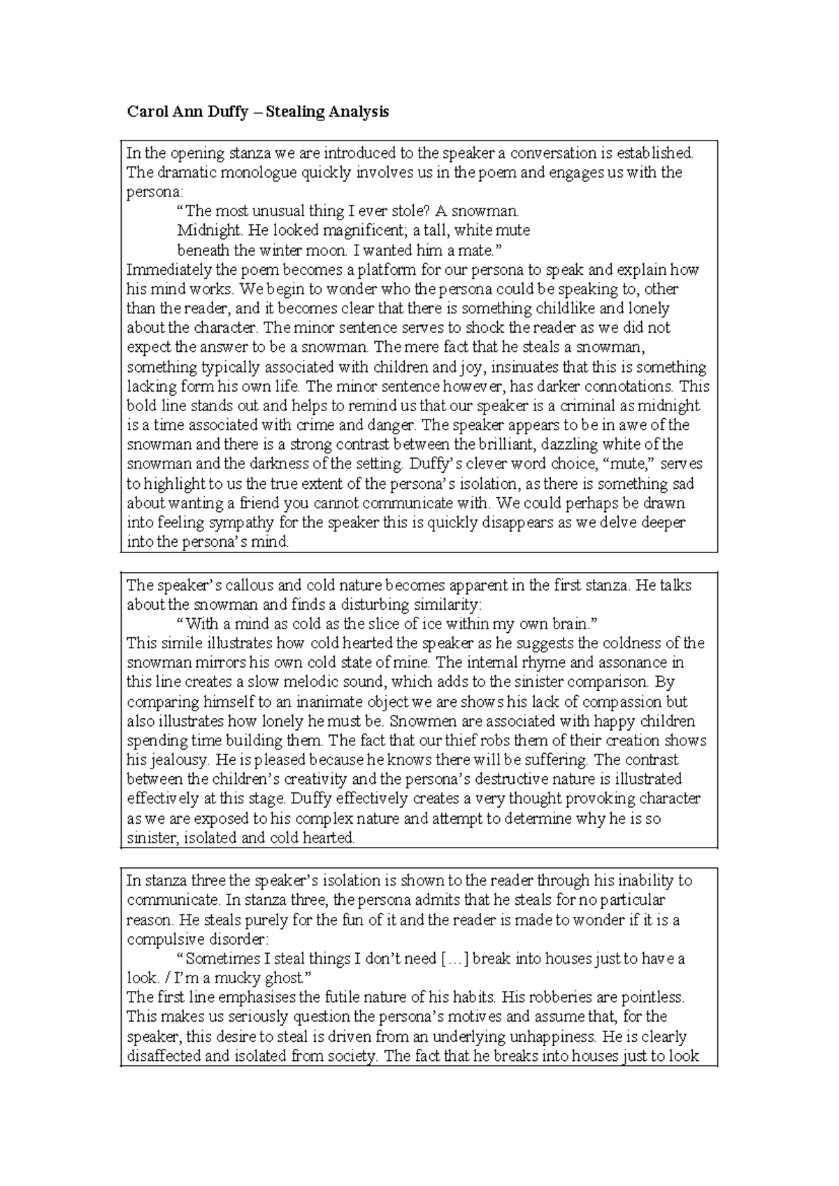 ENG101: Analysis of Carol Ann Duffy's Poem "Stealing" - Studocu