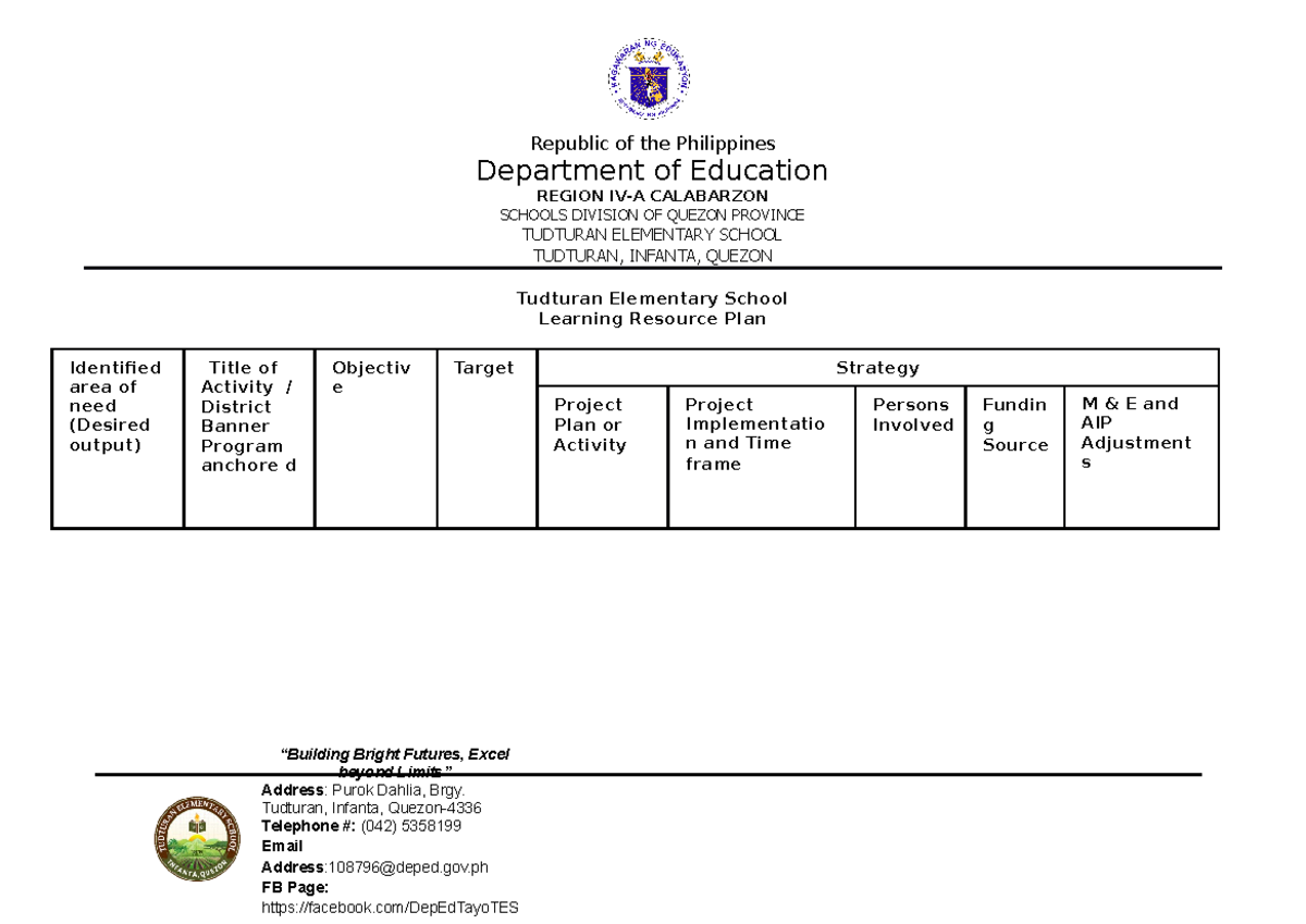 District Learning Resource Plan Sample - Department of Education REGION ...