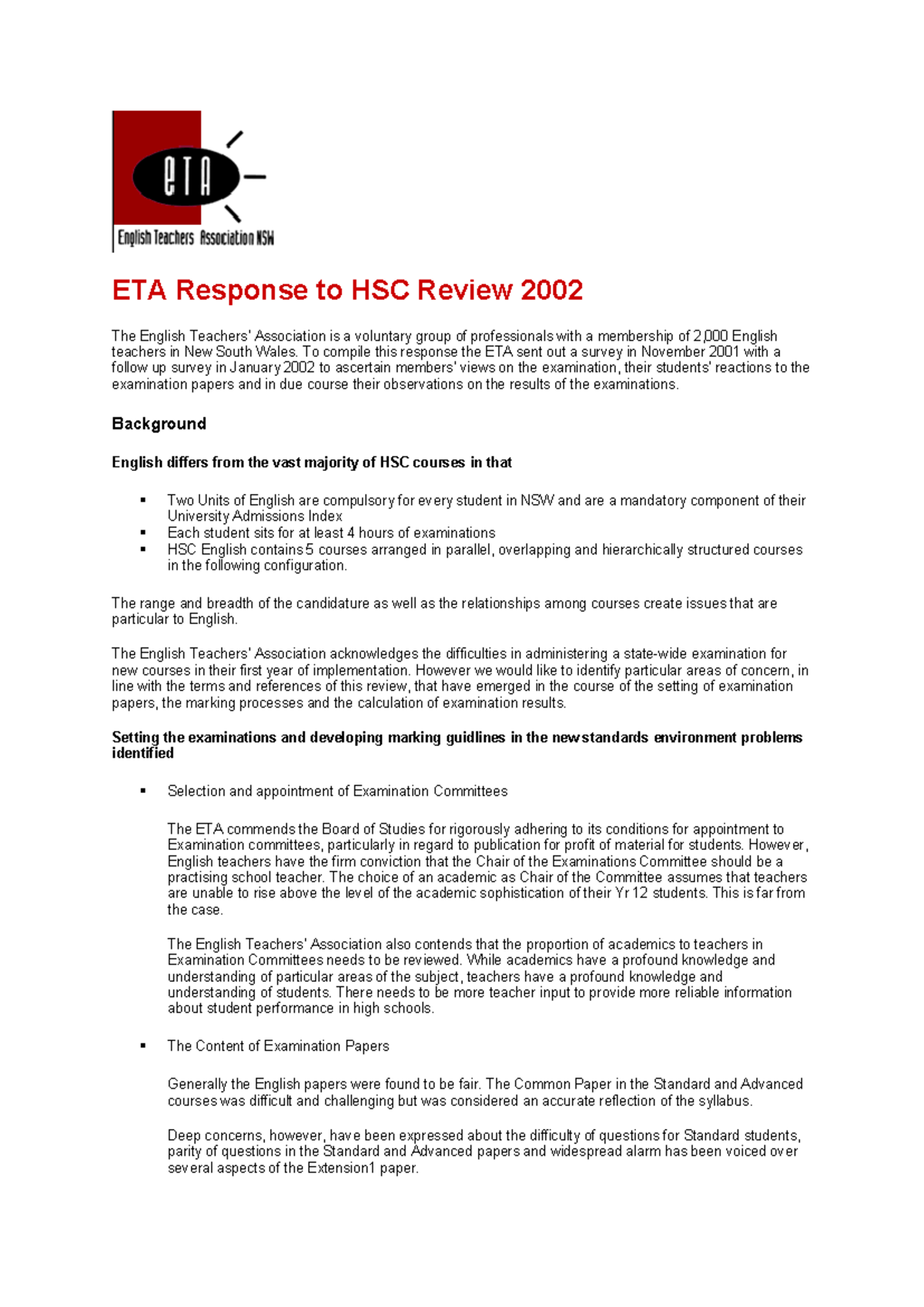 HSC Review 2002: ETA Response on English Exam Concerns - Studocu
