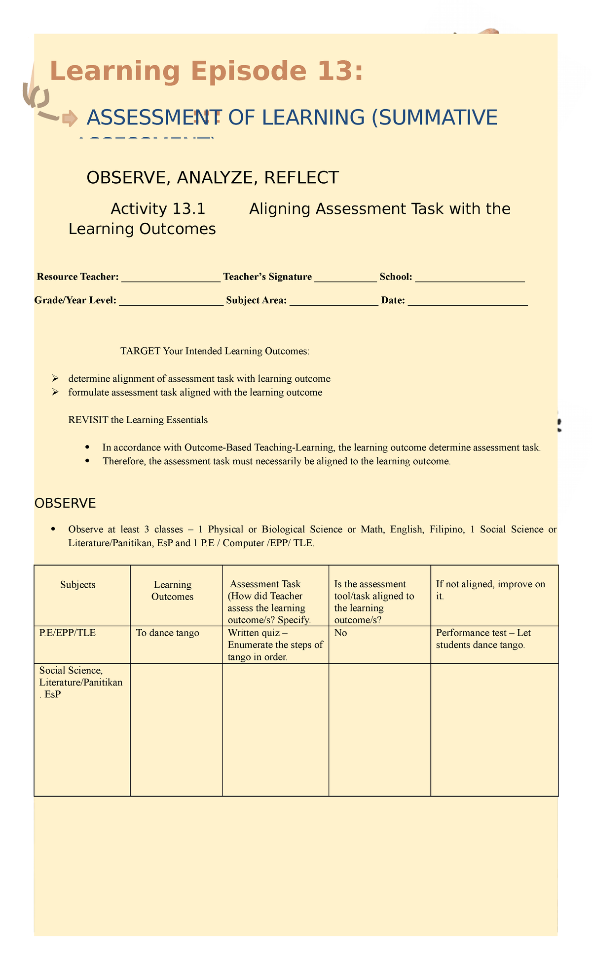 Episode-13 - FS1 - OBSERVE, ANALYZE, REFLECT Activity 13 Aligning ...
