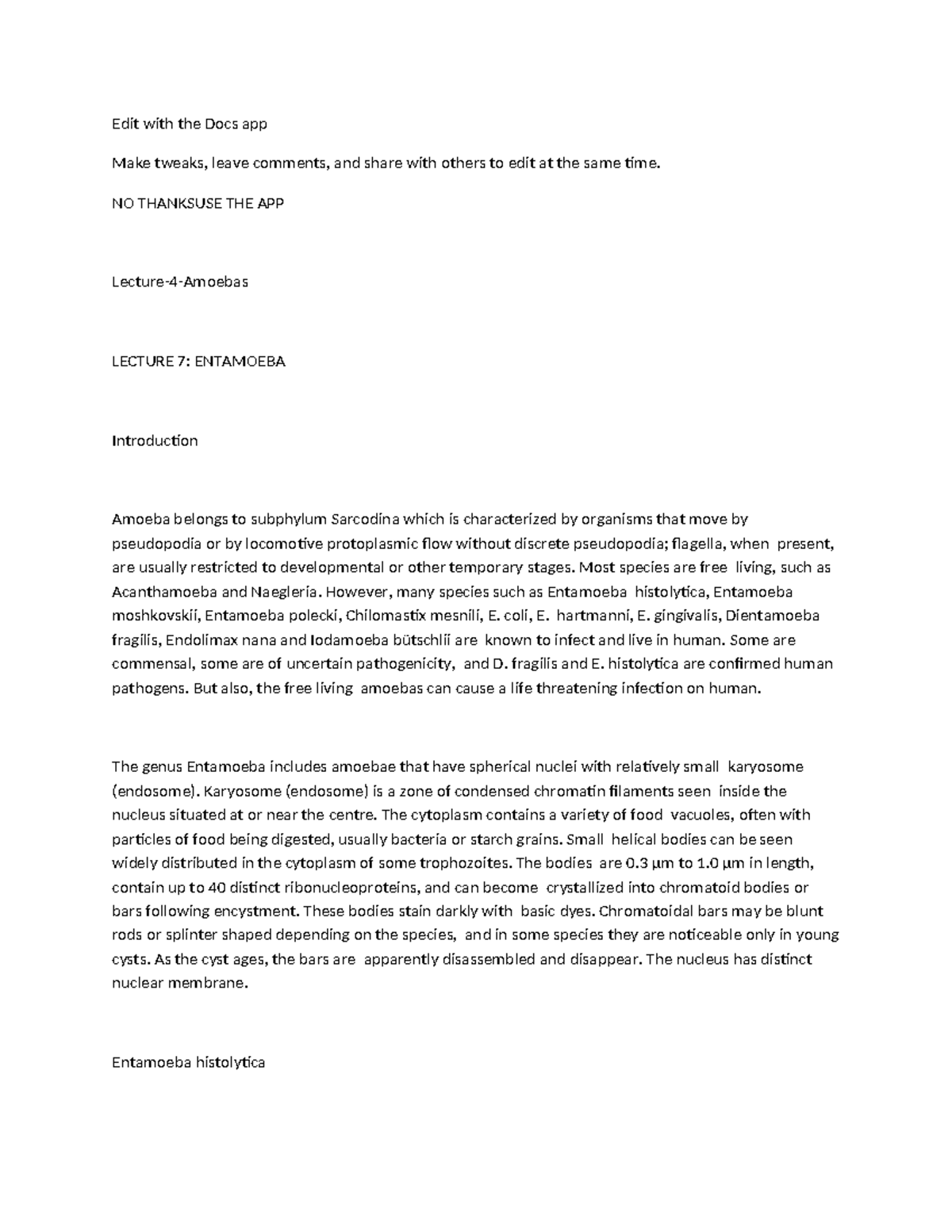 Entamoeba Notes: Lecture 7 - Understanding E. histolytica and Its ...