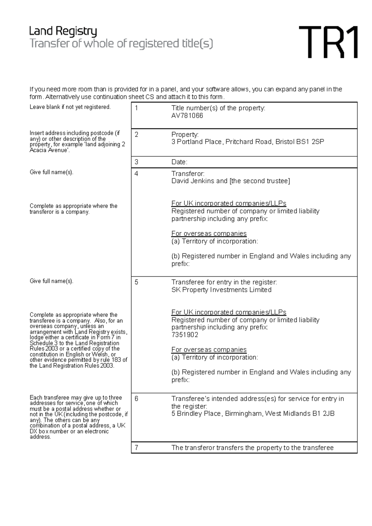 Form TR1: Property Transfer Document Example - Studocu