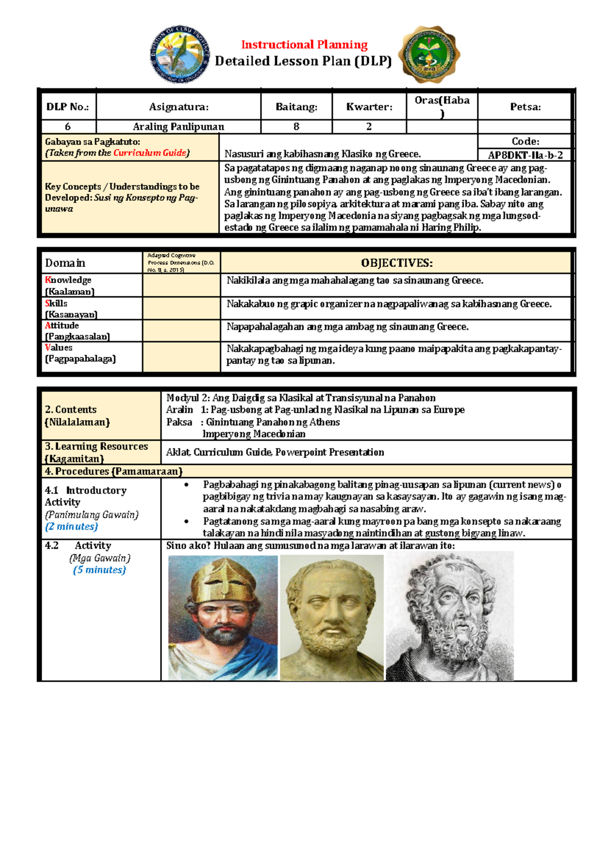 Detailed Lesson Plan on Classical Greek Civilization - AP8DKT-IIa-b ...