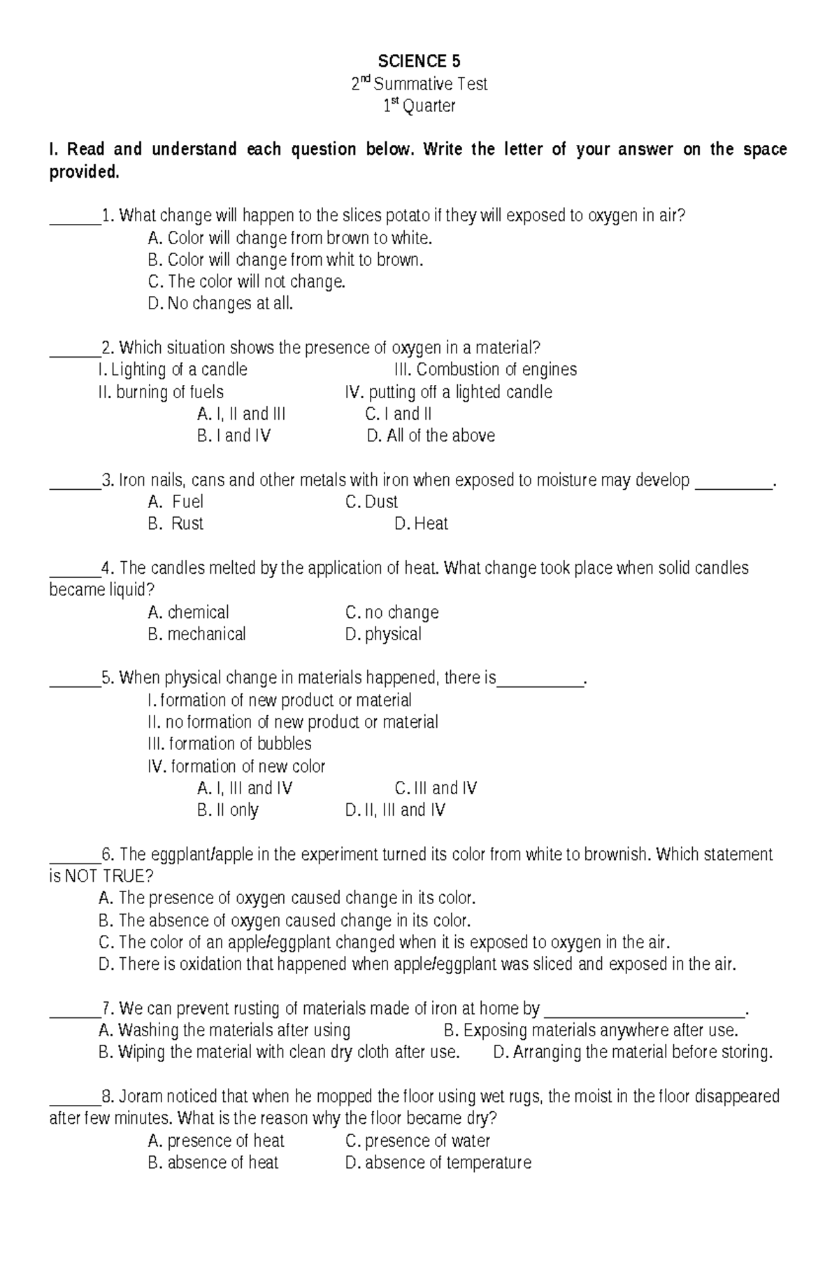 Science 5 ST 3 - 2nd Quarter Summative Test on Changes in Matter - Studocu