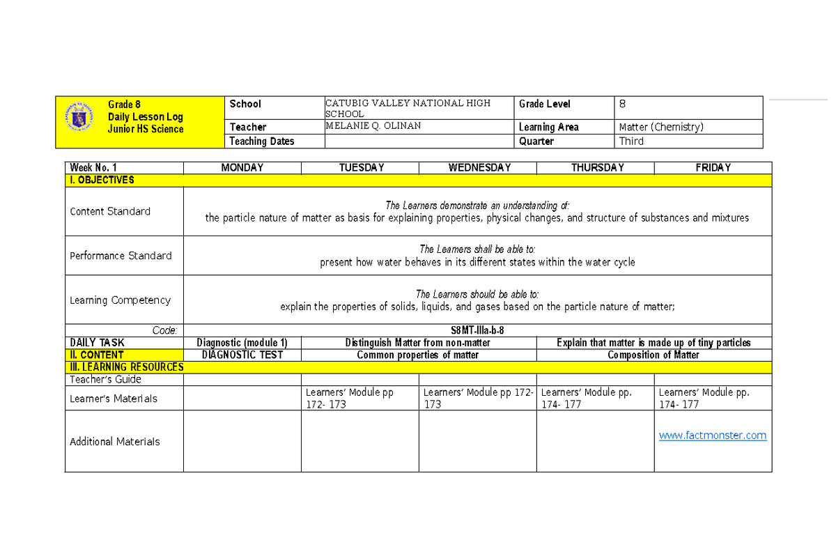 Grade 8, Quarter 3 - Grade 8 Daily Lesson Log Junior HS Science School ...
