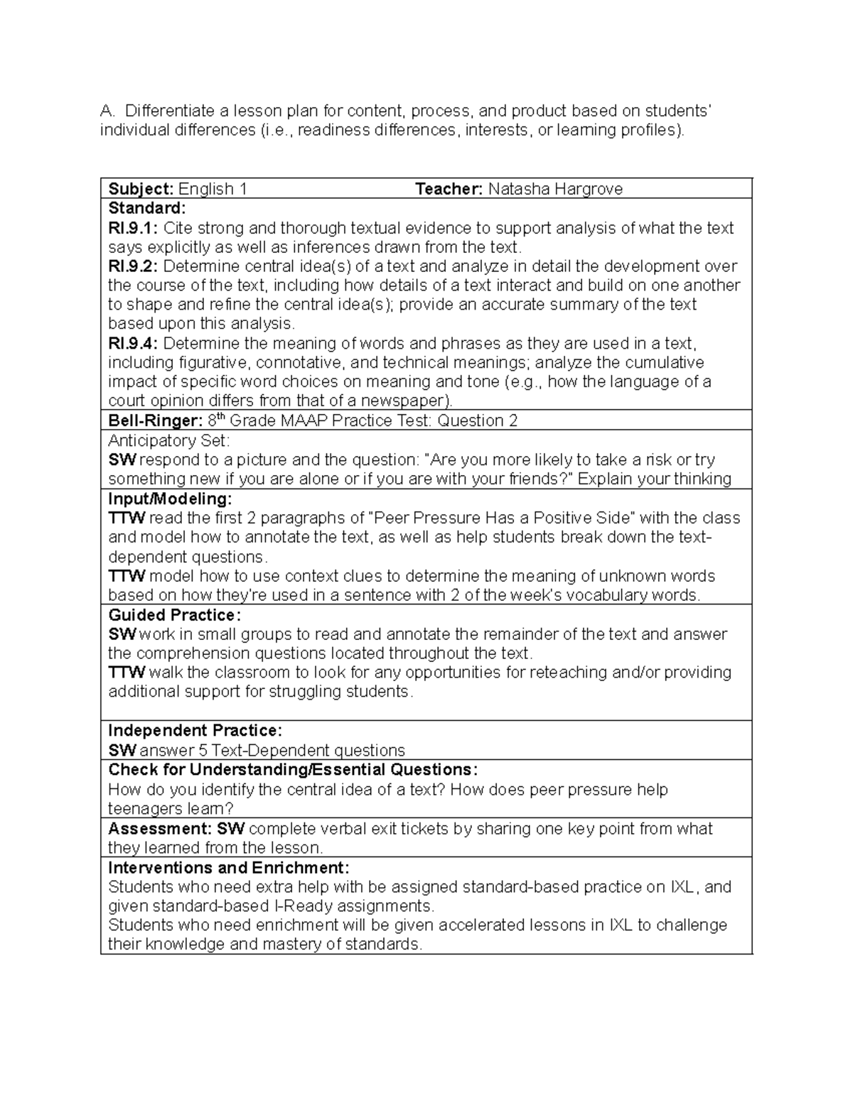 Differentiating Lesson Plans: Content, Process & Product - English 1 ...