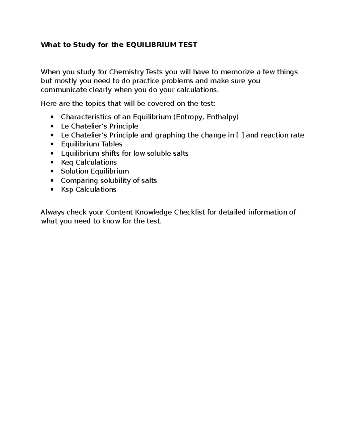EQUILIBRIUM TEST Study Guide for Chemistry Concepts - Studocu