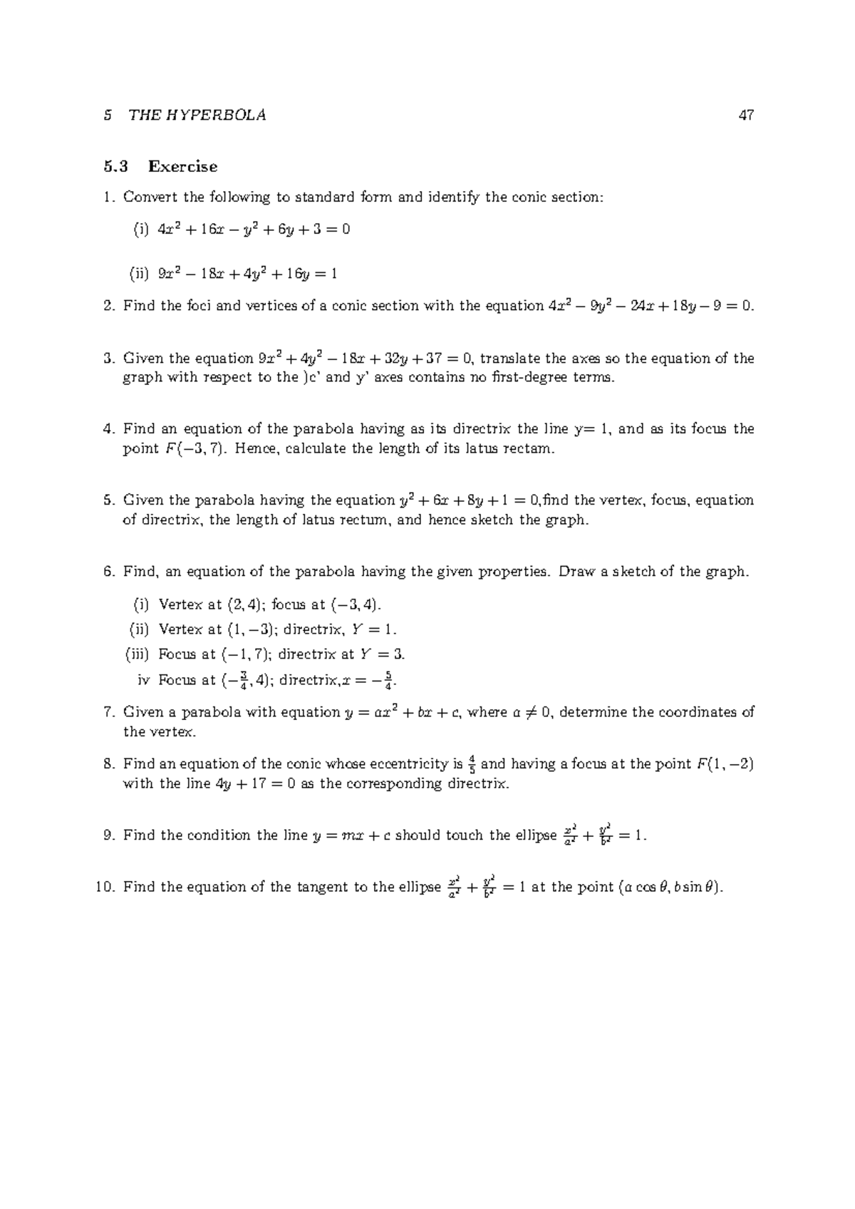 Problem Set 3 - Hospit: Conic Sections & Parabolas - Studocu