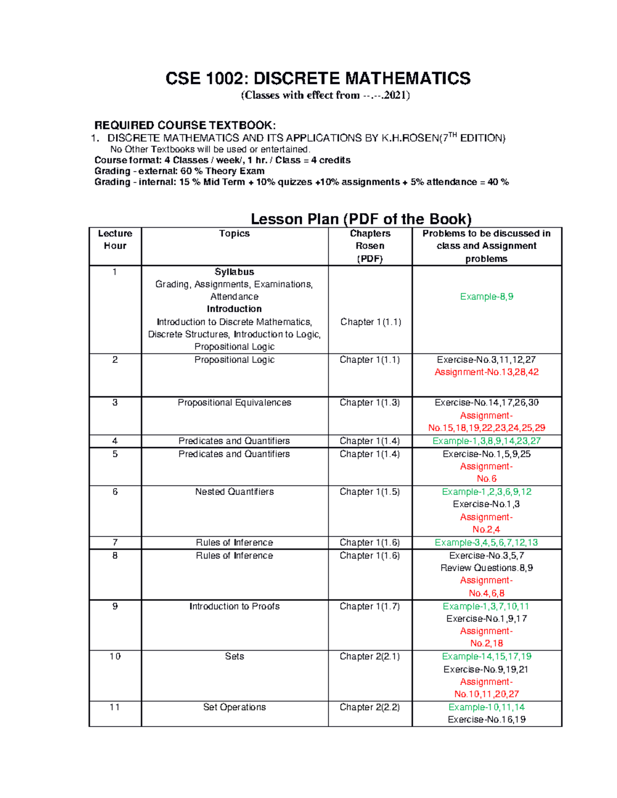 CSE 1002: Discrete Mathematics Lesson Plan (2021 Edition) PDF - Studocu