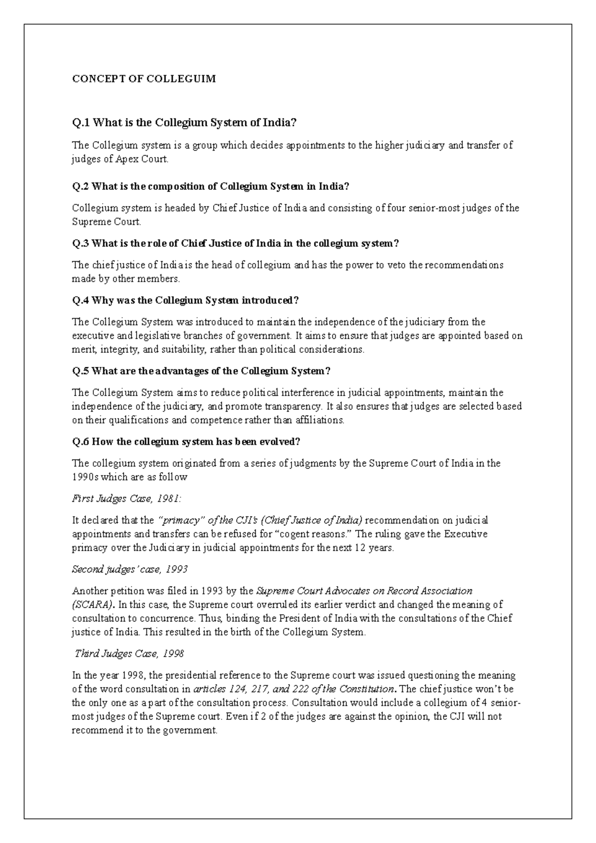 Collegium system in India: Overview, roles, and criticisms - Studocu