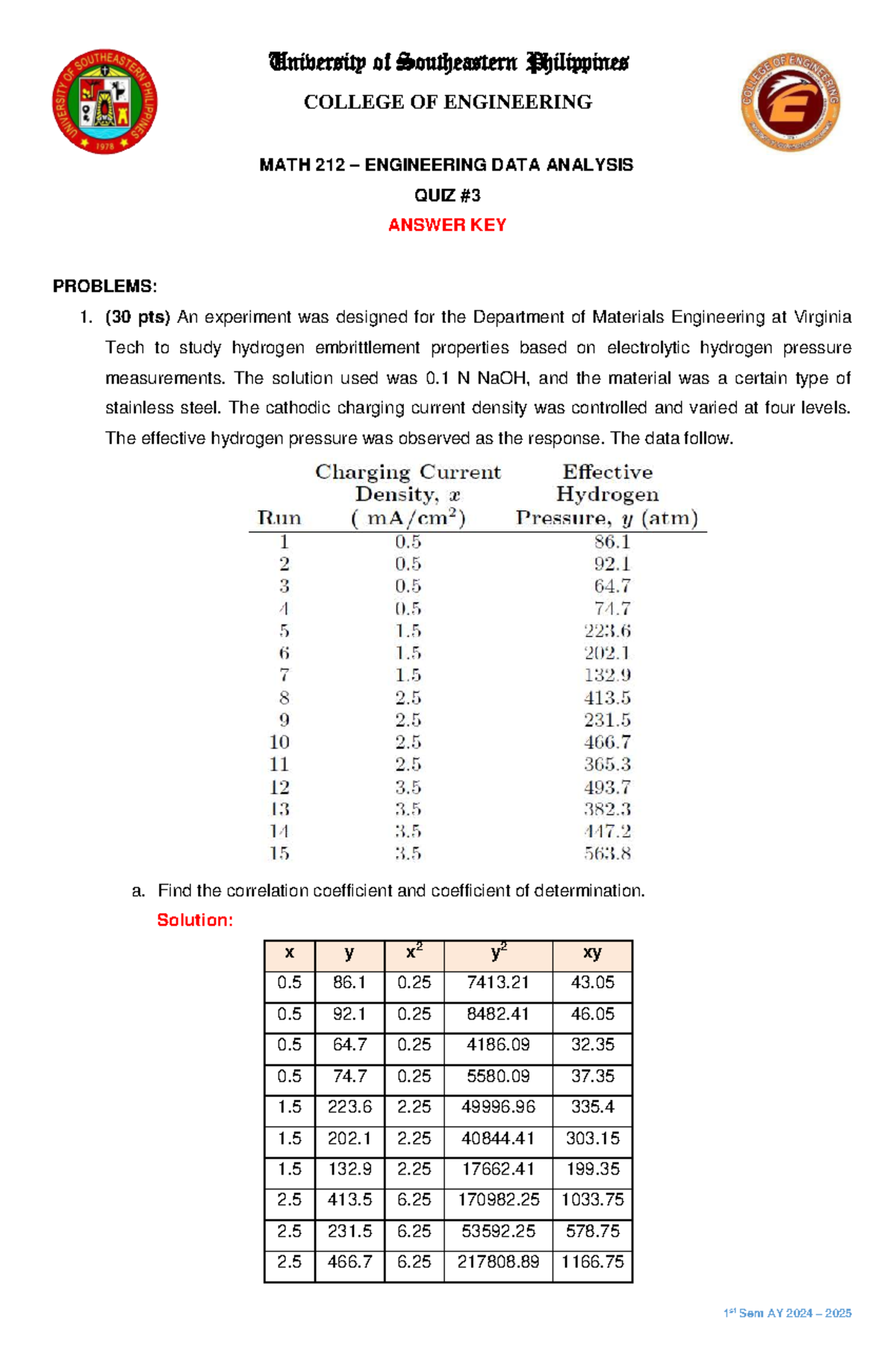 MATH 212 Engineering Data Analysis Quiz Answer Key - Studocu