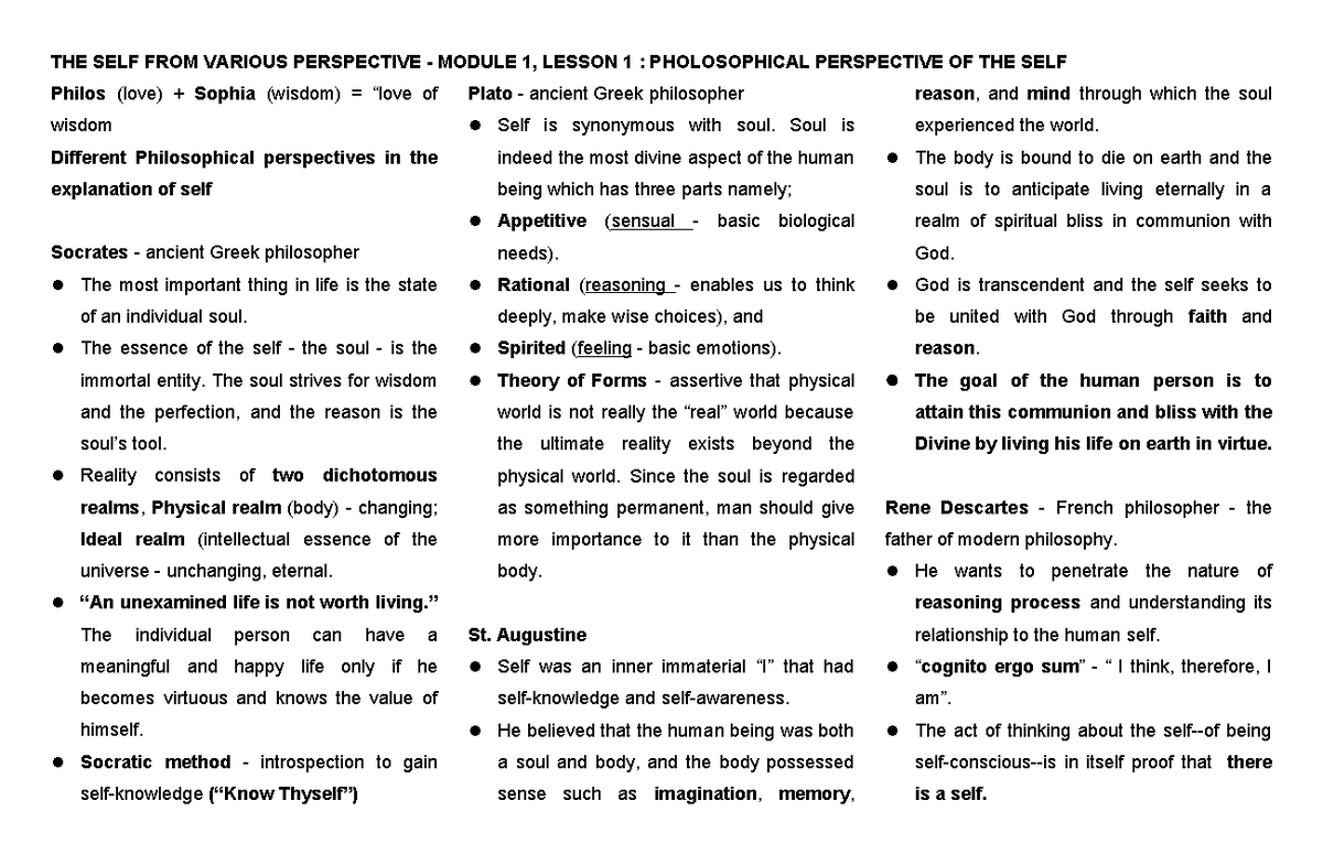 Exploring the Self: Philosophy in Module 1 Lesson 1 - Studocu