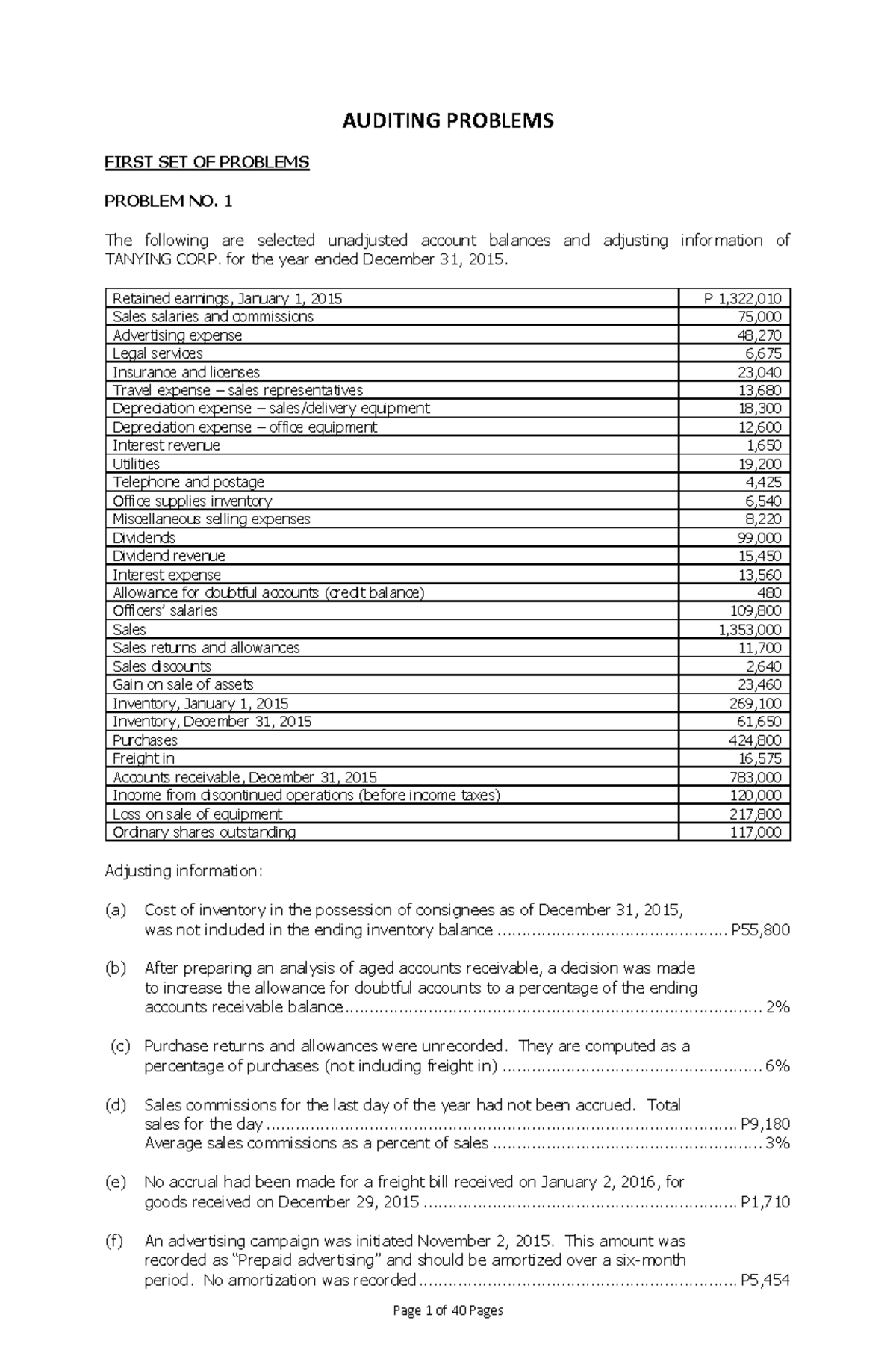 Auditing Problems Solutions (Course Code: AUD PROB) - Studocu