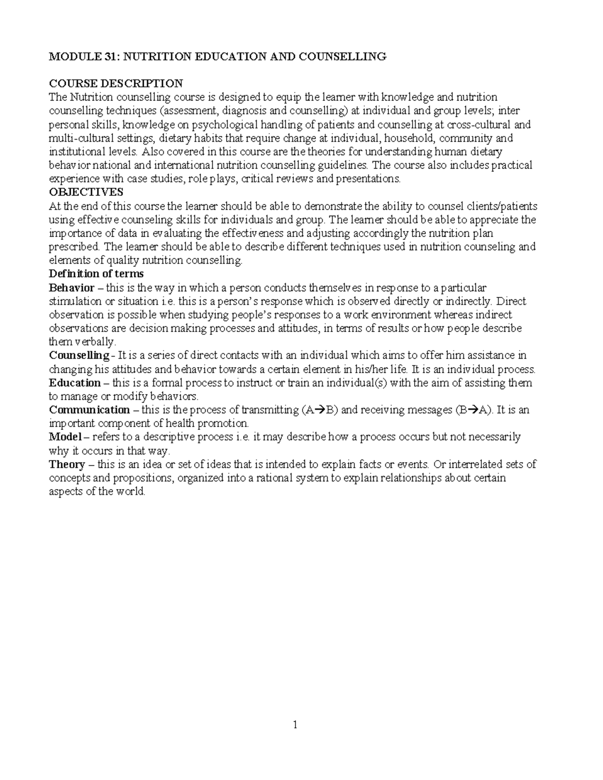 Nutrition Education and Counselling Notes: Module 31 Overview - Studocu