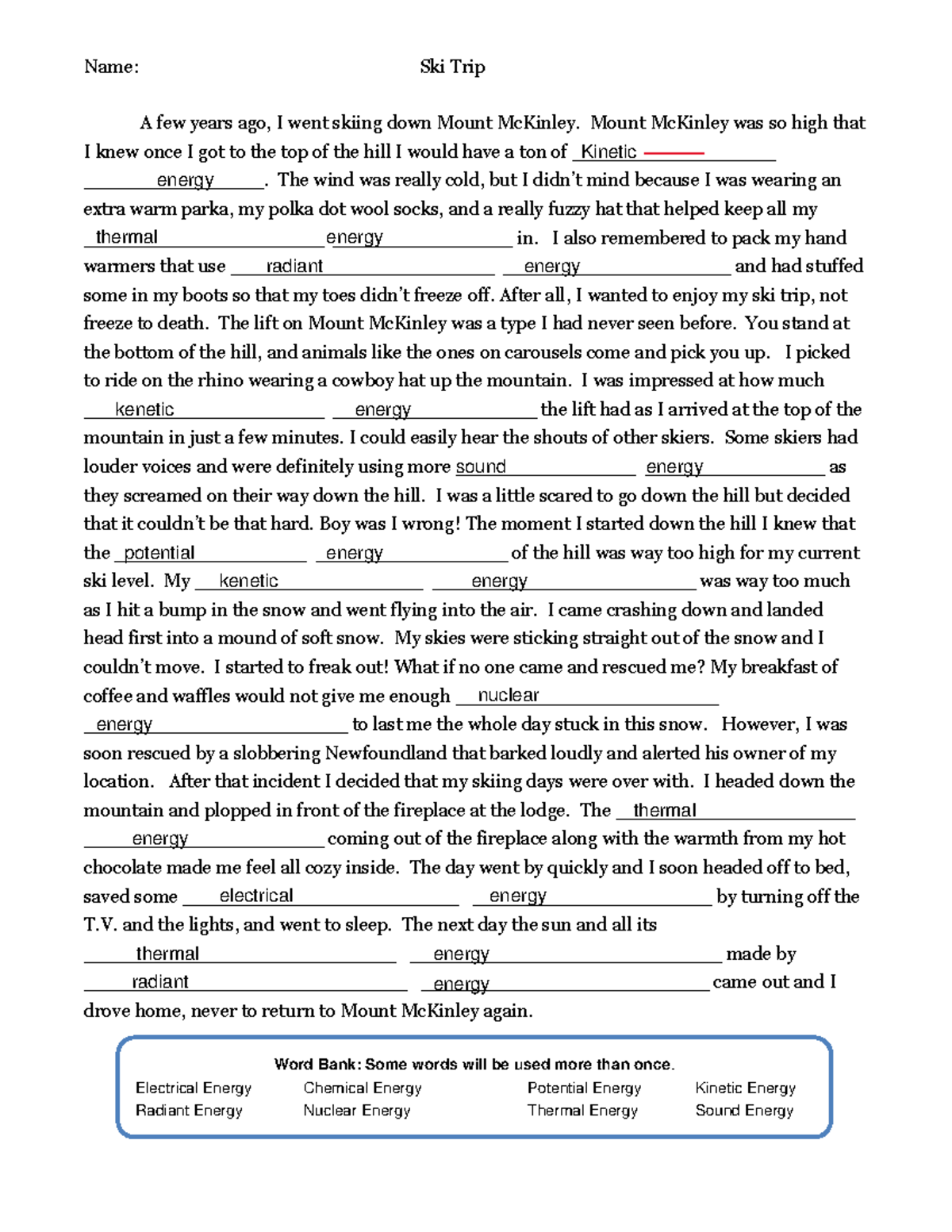 Ski Trip - Energy Cloze Reading Activity with Word Bank - Studocu