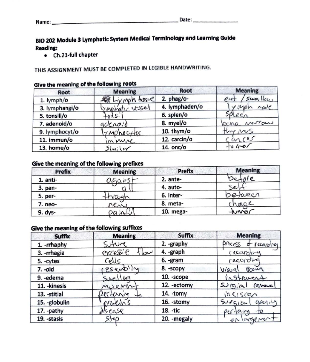 BIO 202 Module 3: Lymphatic System Medical Terminology Guide - Studocu