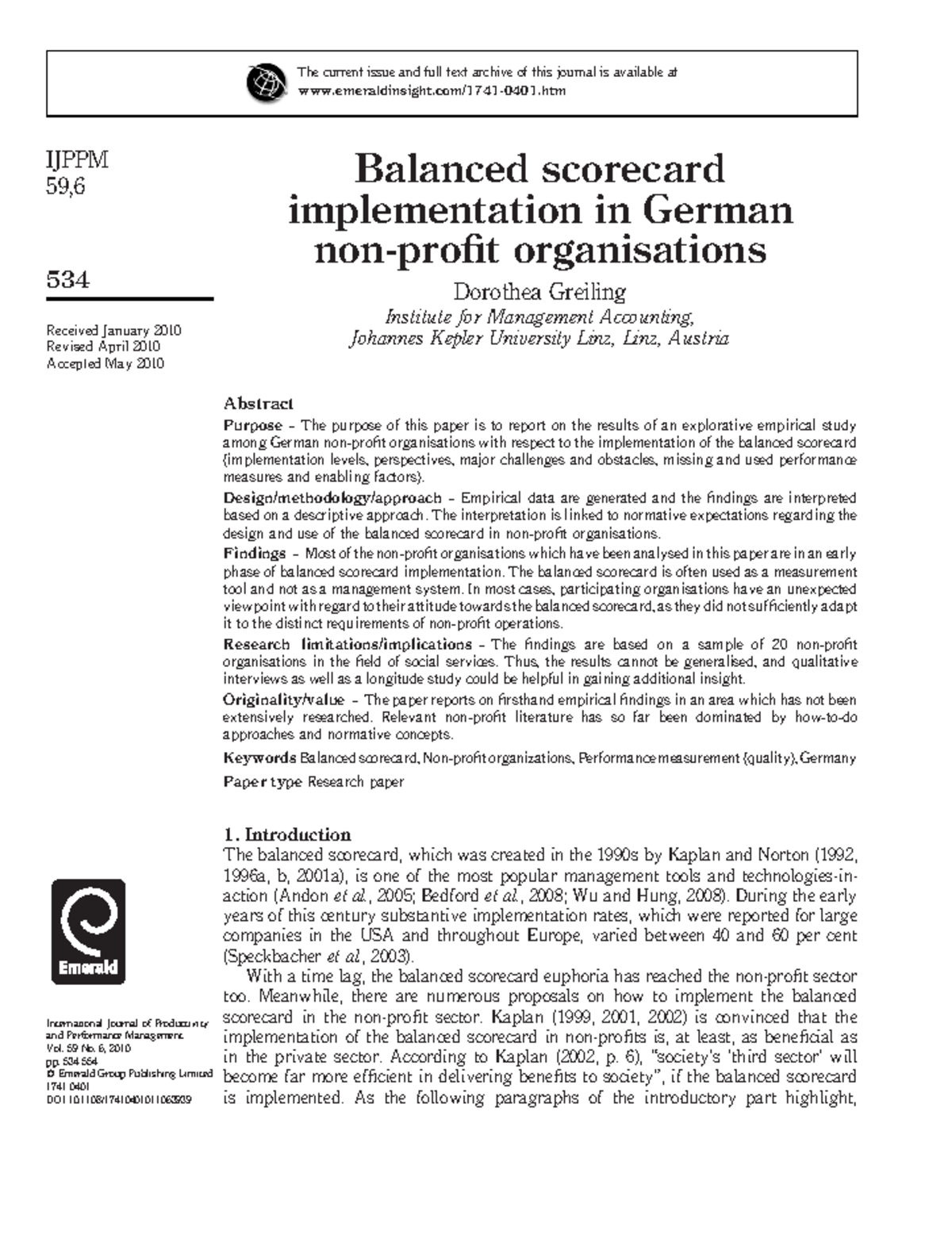 Balanced Scorecard Implementation in German Nonprofits: Research ...