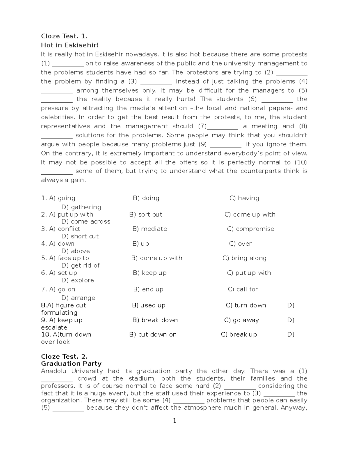 Cloze Test Practice with Key for Language Learning (ENG 101) - Studocu