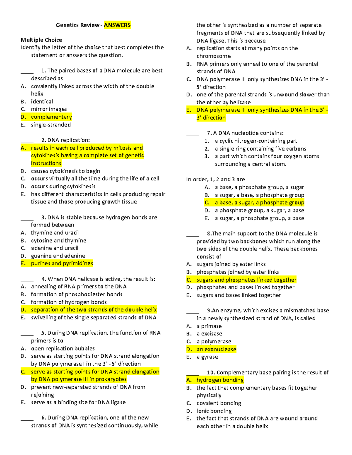 Genetics Review Practice Test Answers (BIO101) - Studocu