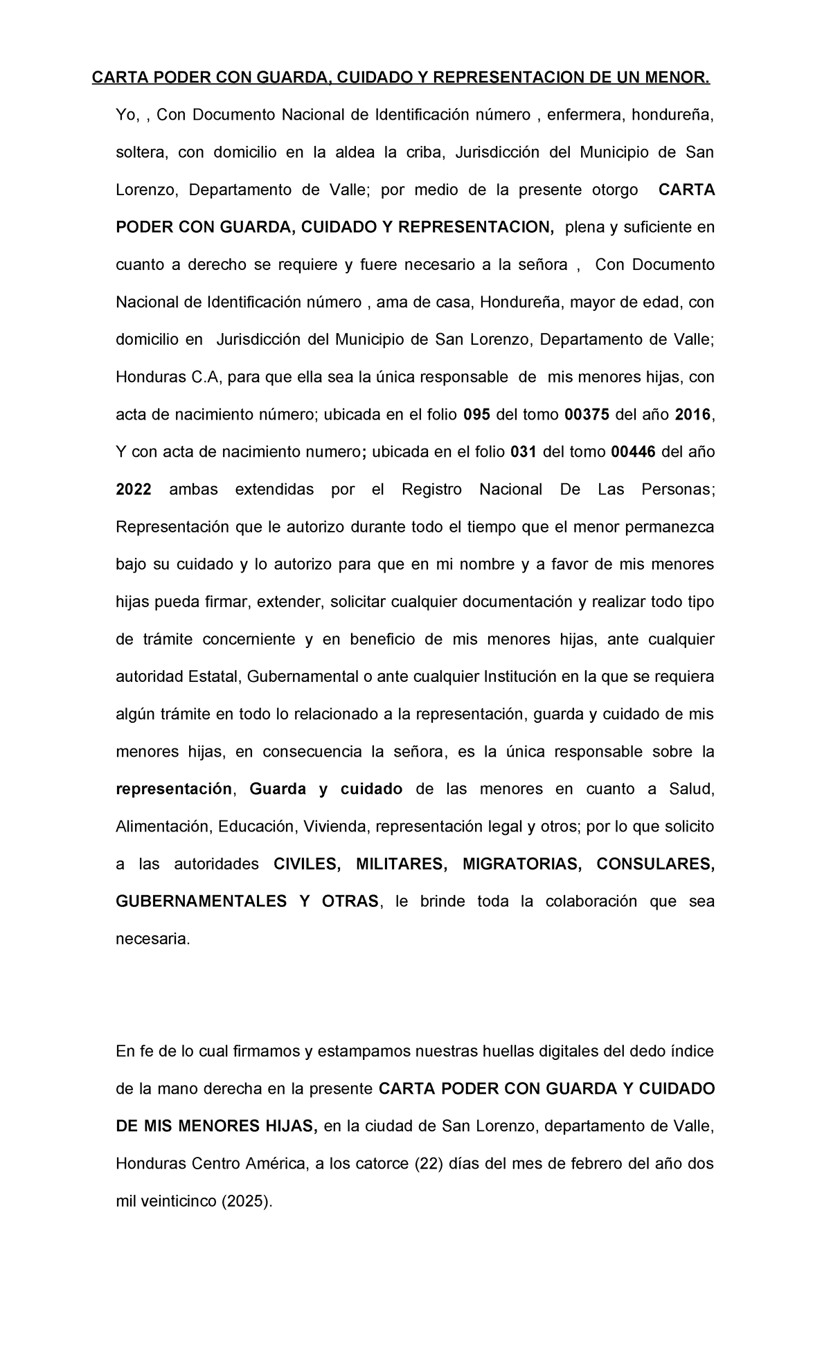 Carta Poder con Guarda, Cuidado y Representación de Menores 1 - Studocu