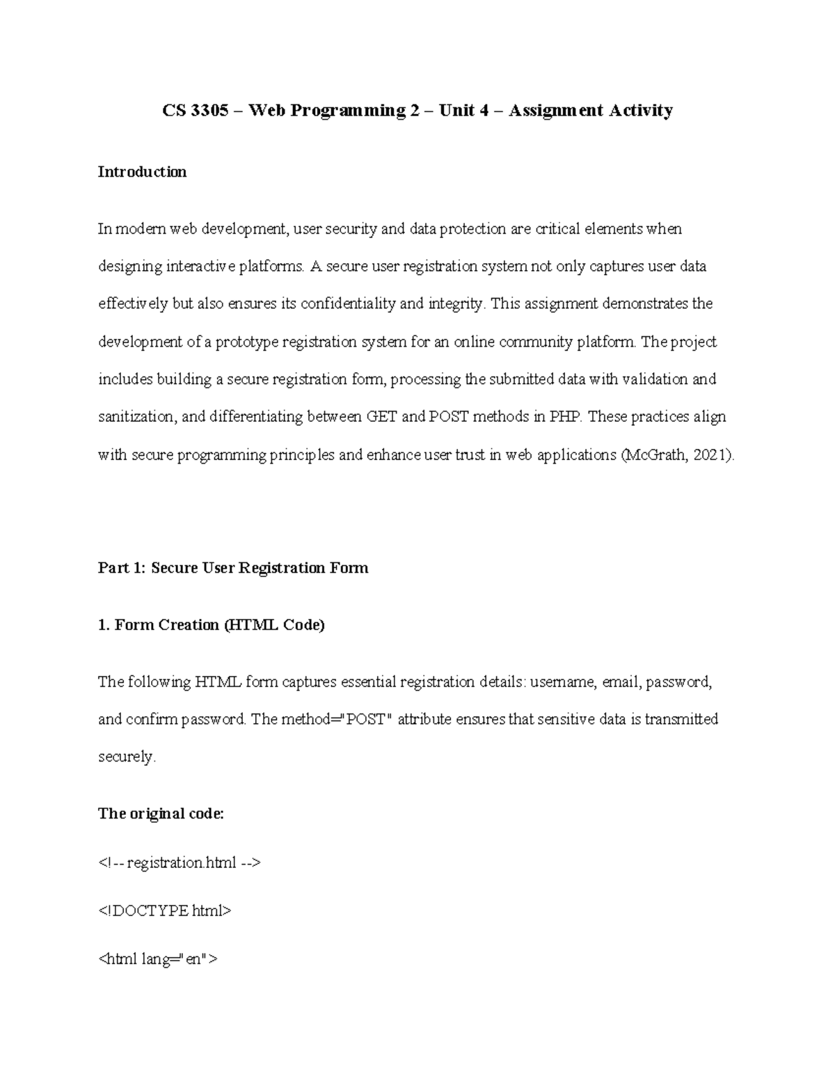 CS 3305 Web Programming 2 - Unit 4 Assignment: Secure User Registration System - Studocu