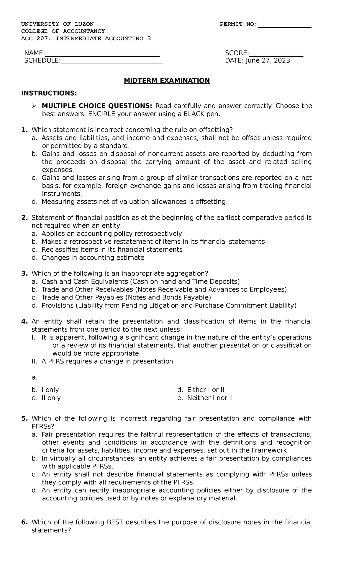 Summer ACC 207 Midterm Exam Questions and Answers - Studocu