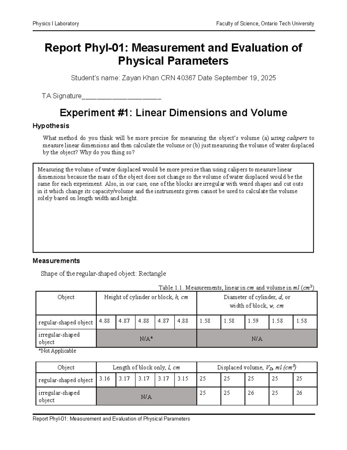 Physics I Lab Report: Measurement & Evaluation of Physical Parameters ...